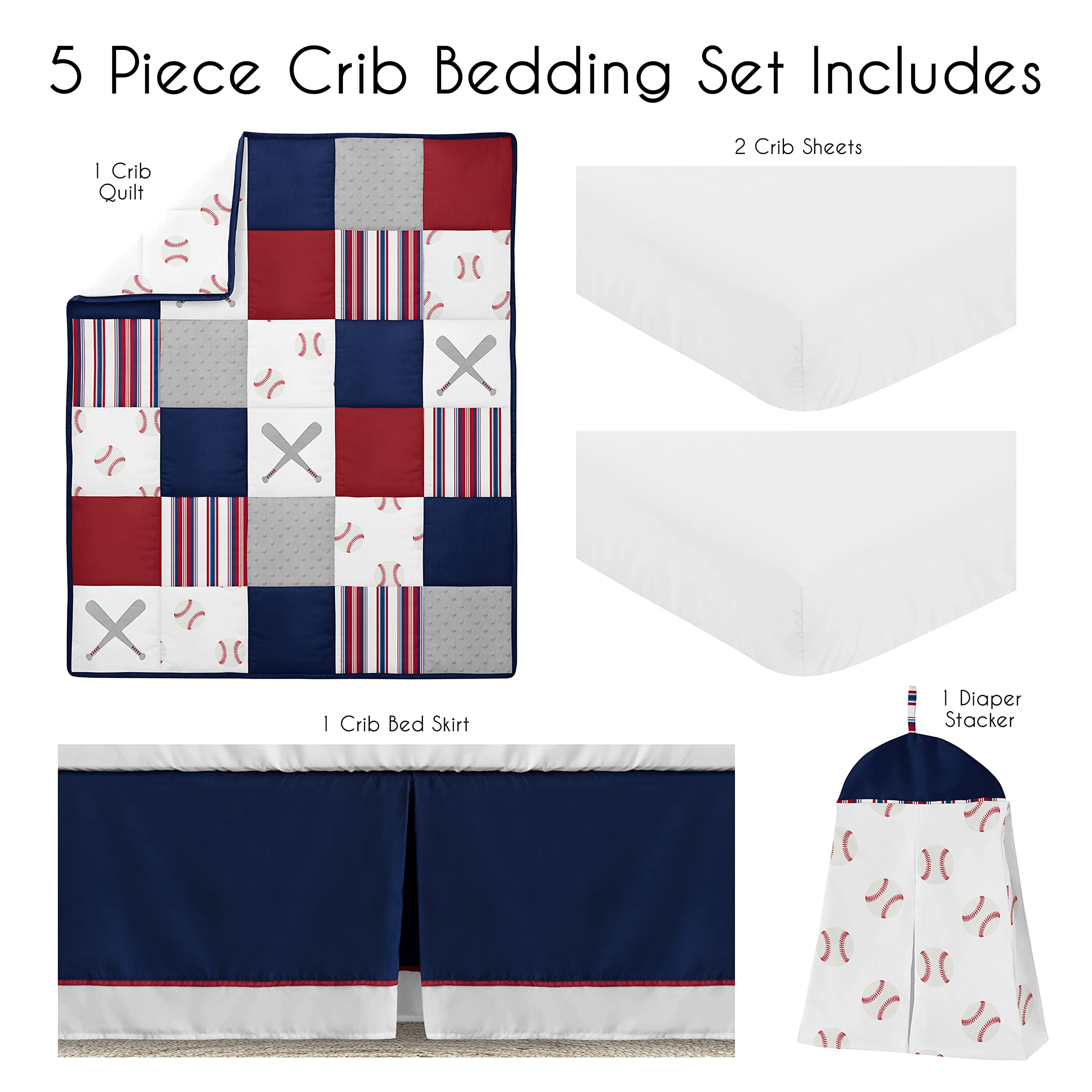Sweet Jojo Designs Red White Baseball Patch Sports Boy Baby Crib Bedding Set for Infant Nursery Room Quilt, Fitted Sheet, Skirt, Diaper Stacker - 5pc - Americana Grey Patchwork Stripe
