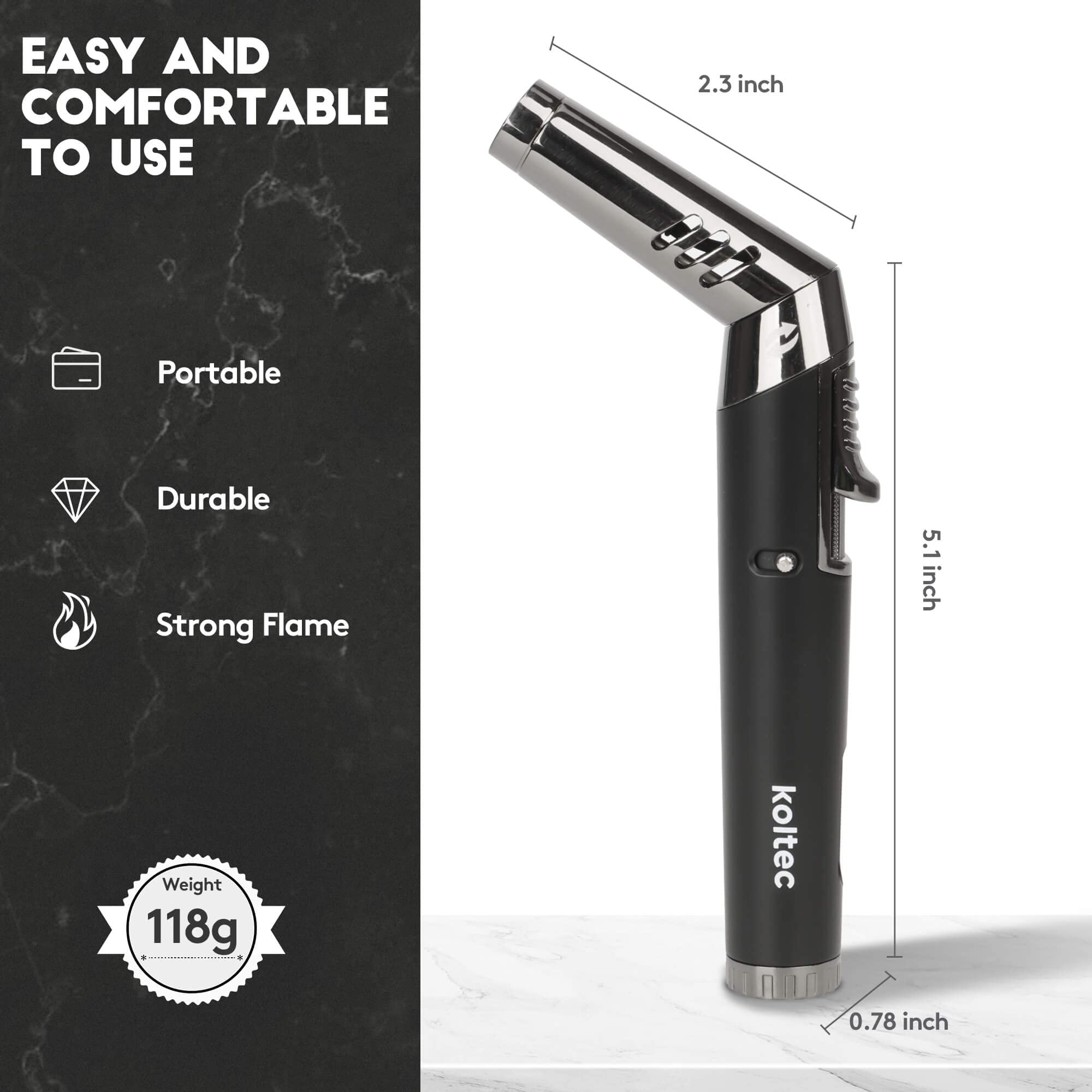 KOLTEC Torch Lighter, Rotatable Butane Lighter Adjustable Refillable Jet Flame with Fire Lock Visible Gas Window Windproof Portable for Grill BBQ Candle Camping (Butane Not Included) (Black)