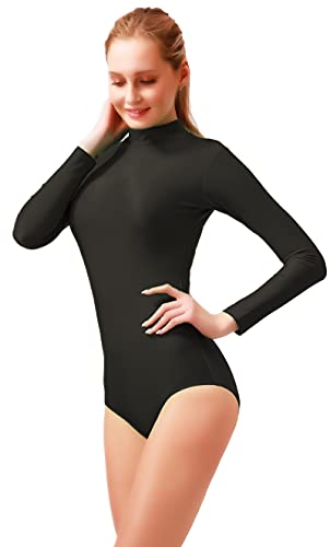 Javly Turtleneck Bodysuit for Women Long Sleeve Ballet Dance Leotards with Zipper on Back Undergarment Spandex Bodysuits Jumpsuits Black XXL