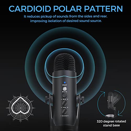PtevSoh Professional Cardioid Condenser Microphone, Plug and Play, One-Key Mute, Real-time Monitor, Gain Adjustment, Noise Reduction, Compatible with PC, Mac, PS4/5.