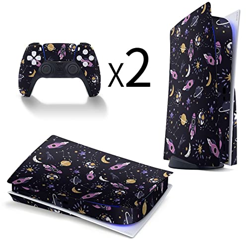 Space with Planets, Stars, Rockets, Moon Full Protective Skin Cover Design Wrap Decal Sticker Compatible with PS5 Disk Version Console and Controller