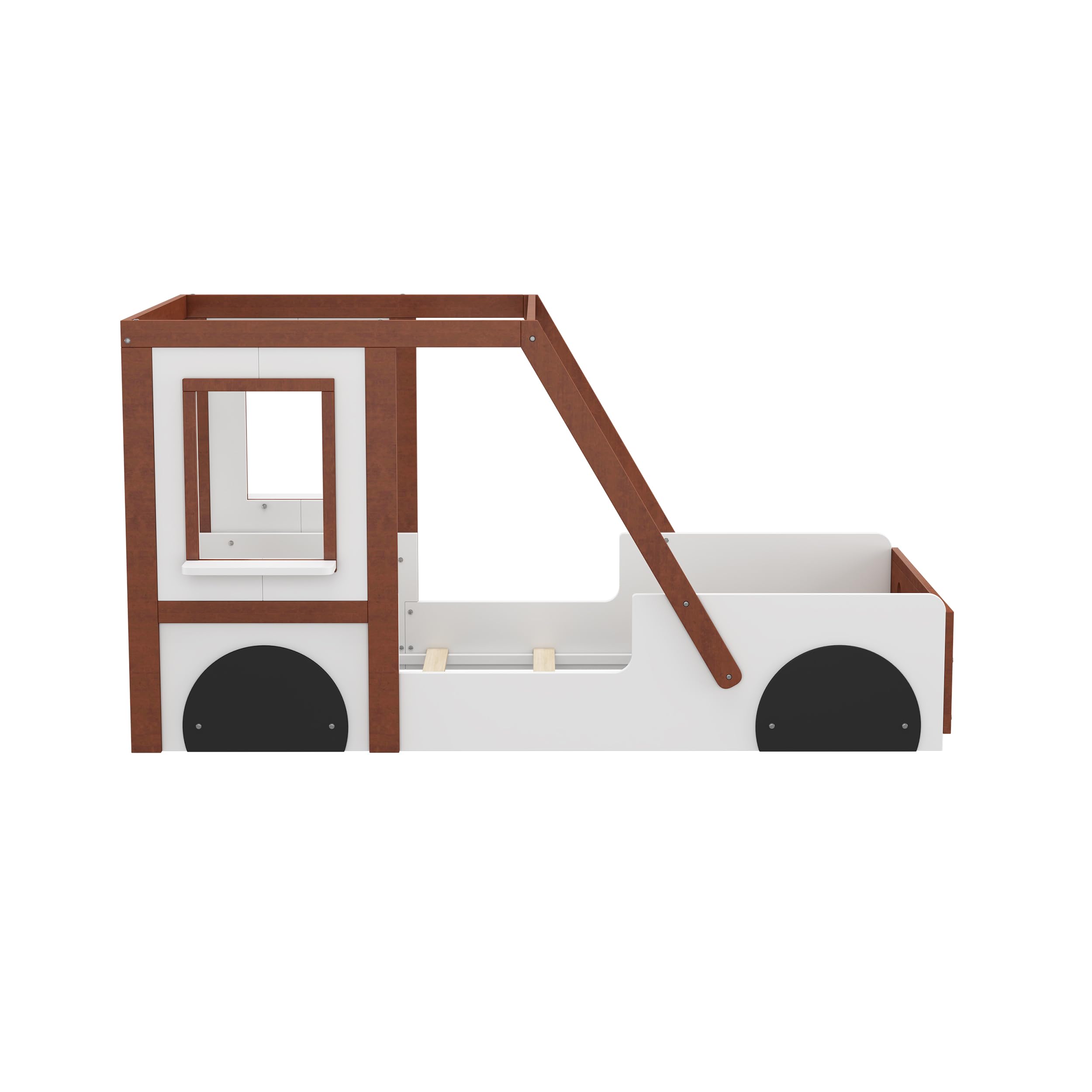Twin Size Floor Car Shaped Bed Frames with 2 Windows and 4 Wheels for Kids Boys Girls Teens, Fun Play Design Toddler Bedframe w/ Safety Guardrails, No Box Spring Required, Gifts, Bedroom, White+Orange