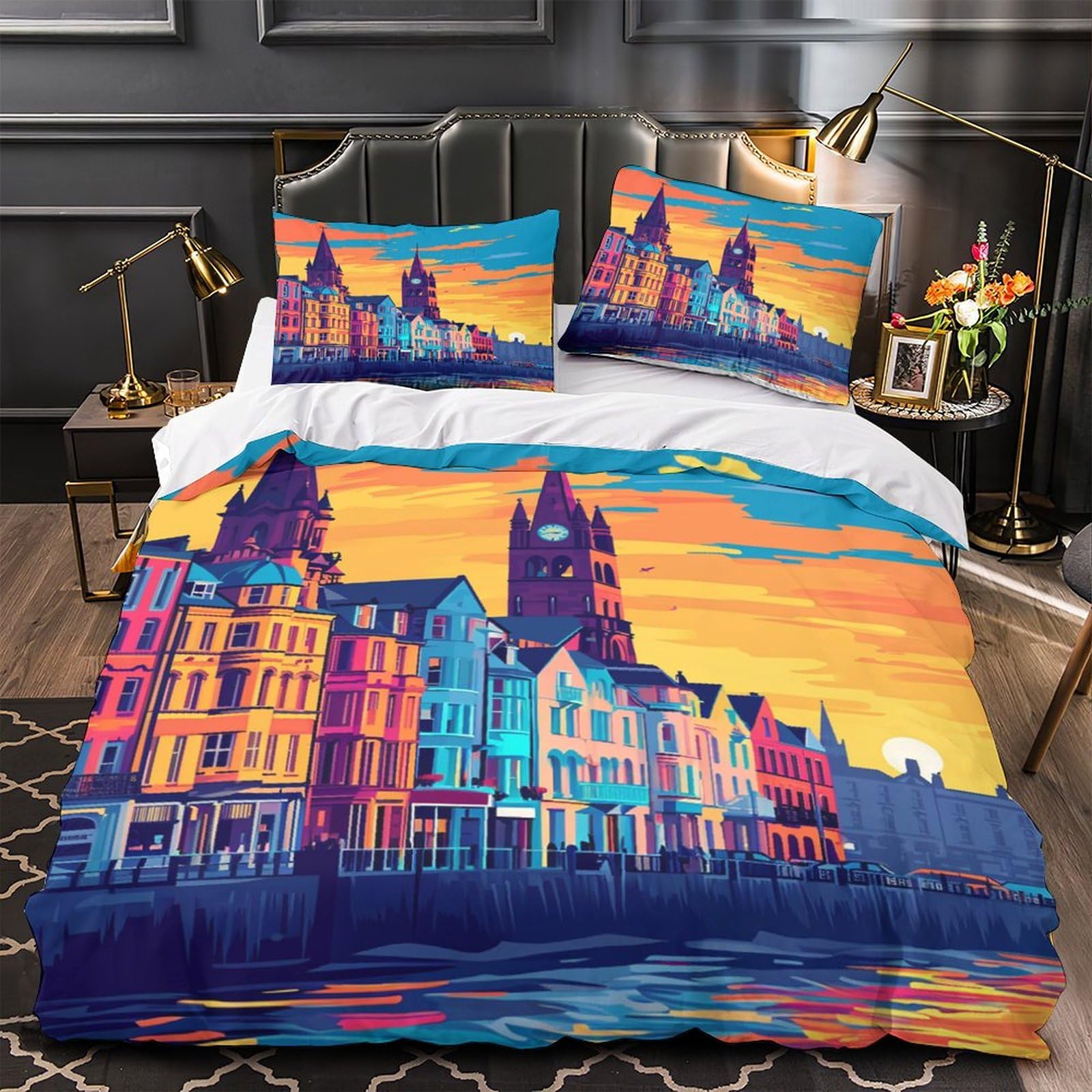 THUBDYEA Elizabeth Tower 3D Printedarchitecture Bedding Set Comforter Covers Duvet Cover Quilt Cover 3 Pieces with Pillowcases for Childrens and Adults Microfiber with Zipper Closure Twin(173x218cm)