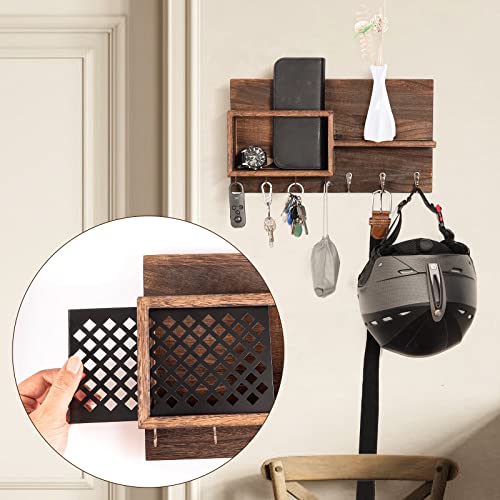 Wooden Key and Mail Holder for Wall Decorative-with 7 Key Hooks and A Floating Shelf Includes Letter Holder and Hooks for Coats, Dog Leashes β Rustic Home Decor for Entryway or Mudroom,Kitchen,Office