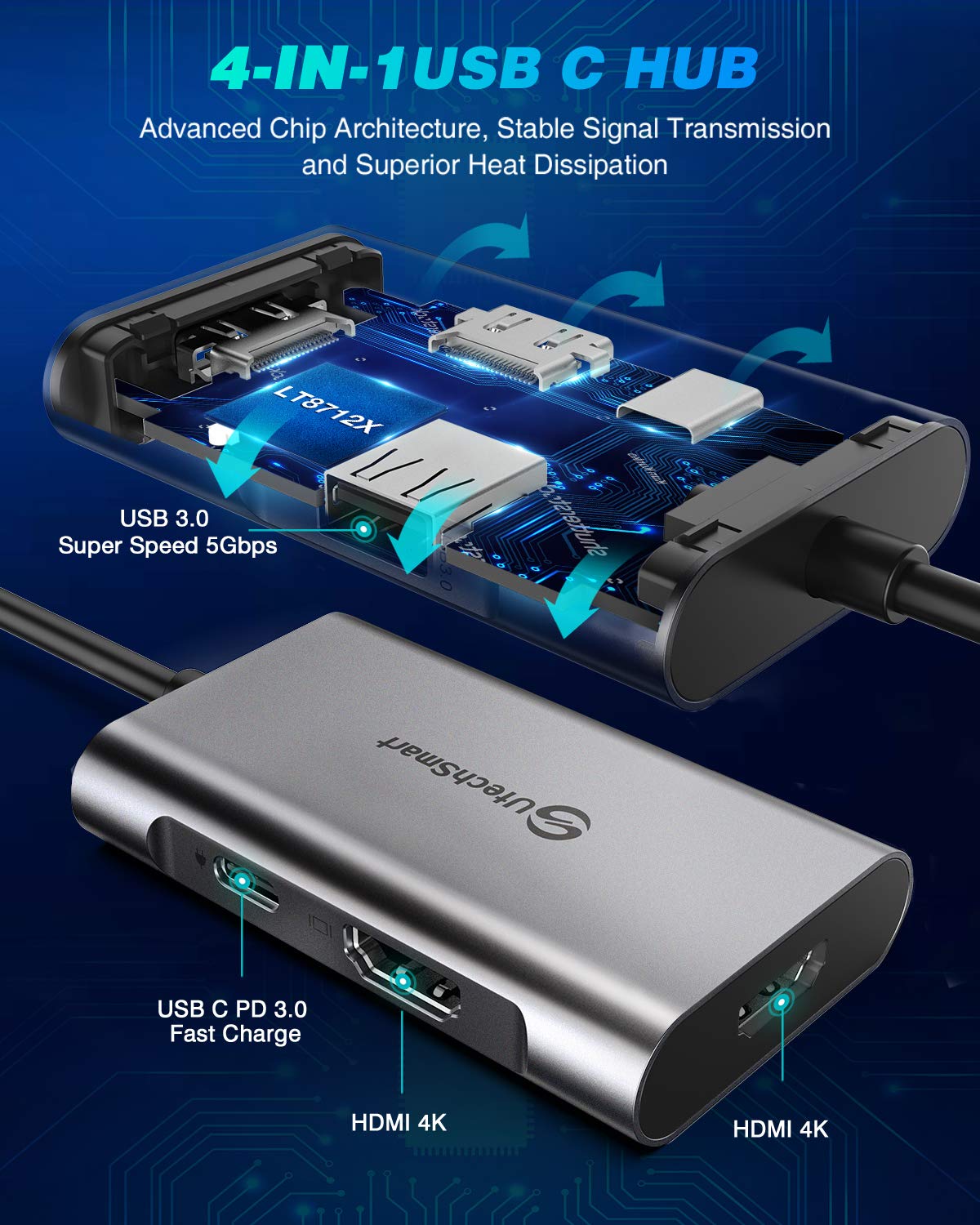 UtechSmart USB Hub, 4-Port USB 3.0 Hub, Ultra-Slim USB Adapter for Laptop, 5Gbps Fast Data Transfer, USB 3.0 Splitter for Dell, HP, MacBook (Grey)