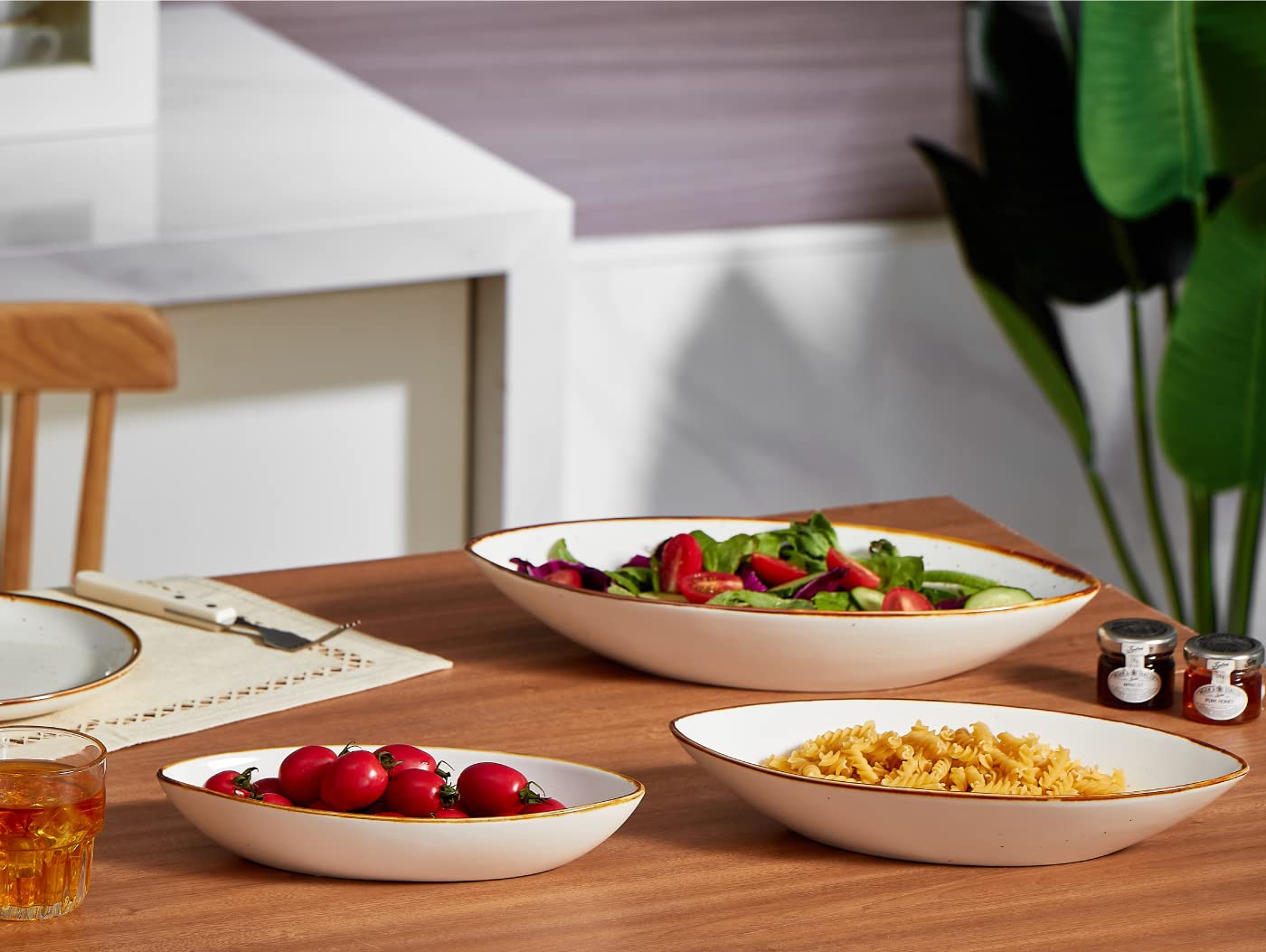 ONEMORE Pasta Bowls and Large Oval Bowls Bundle - Microwave, Oven and Dishwasher Safe - Creamy White