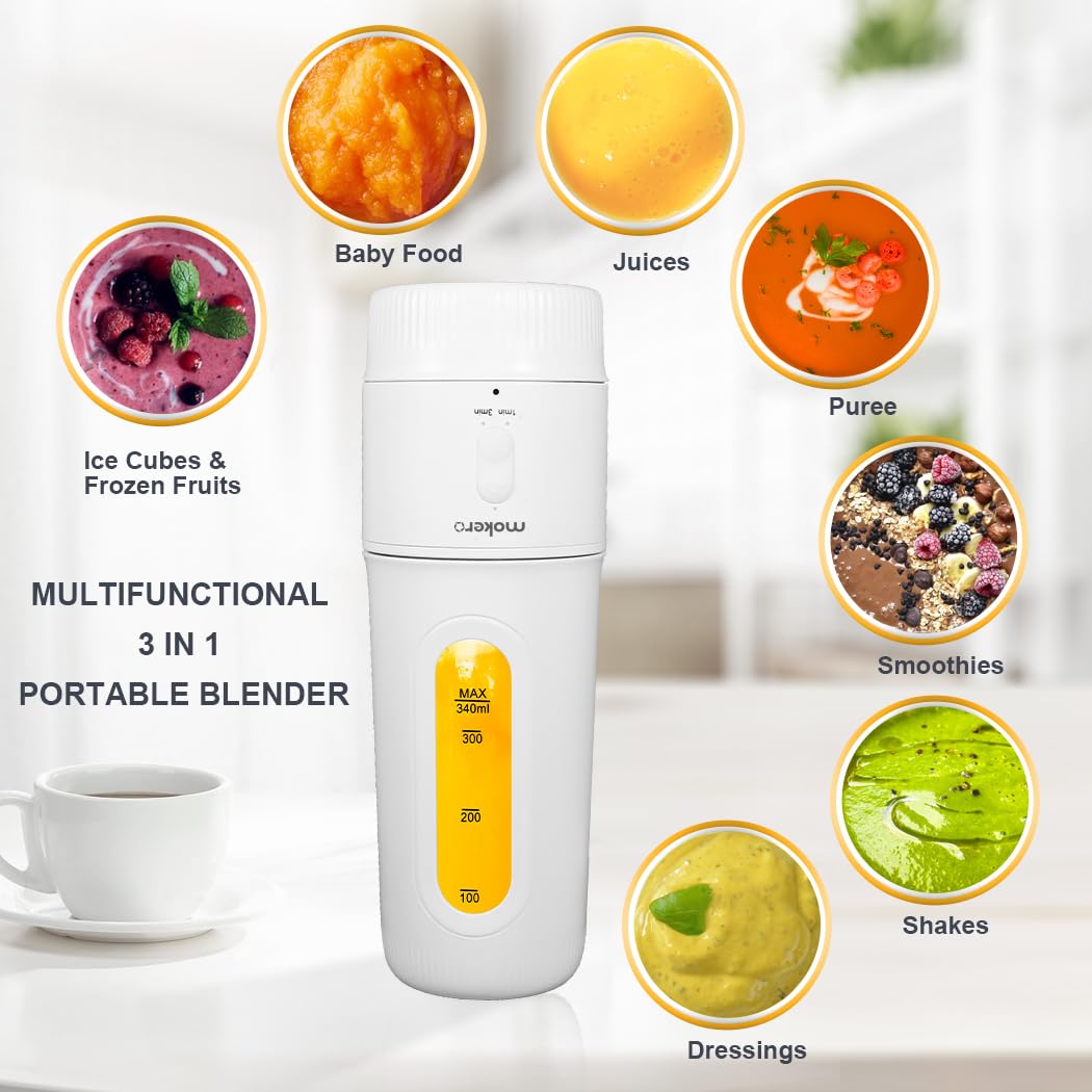 NDMUS 3 in 1 Portable Blender 12oz Juicer Machine with USB Type-C Rechargeable Multifunctional Juice Cup for Shakes and Smoothies, White, 90x170x230mm (MN550A)