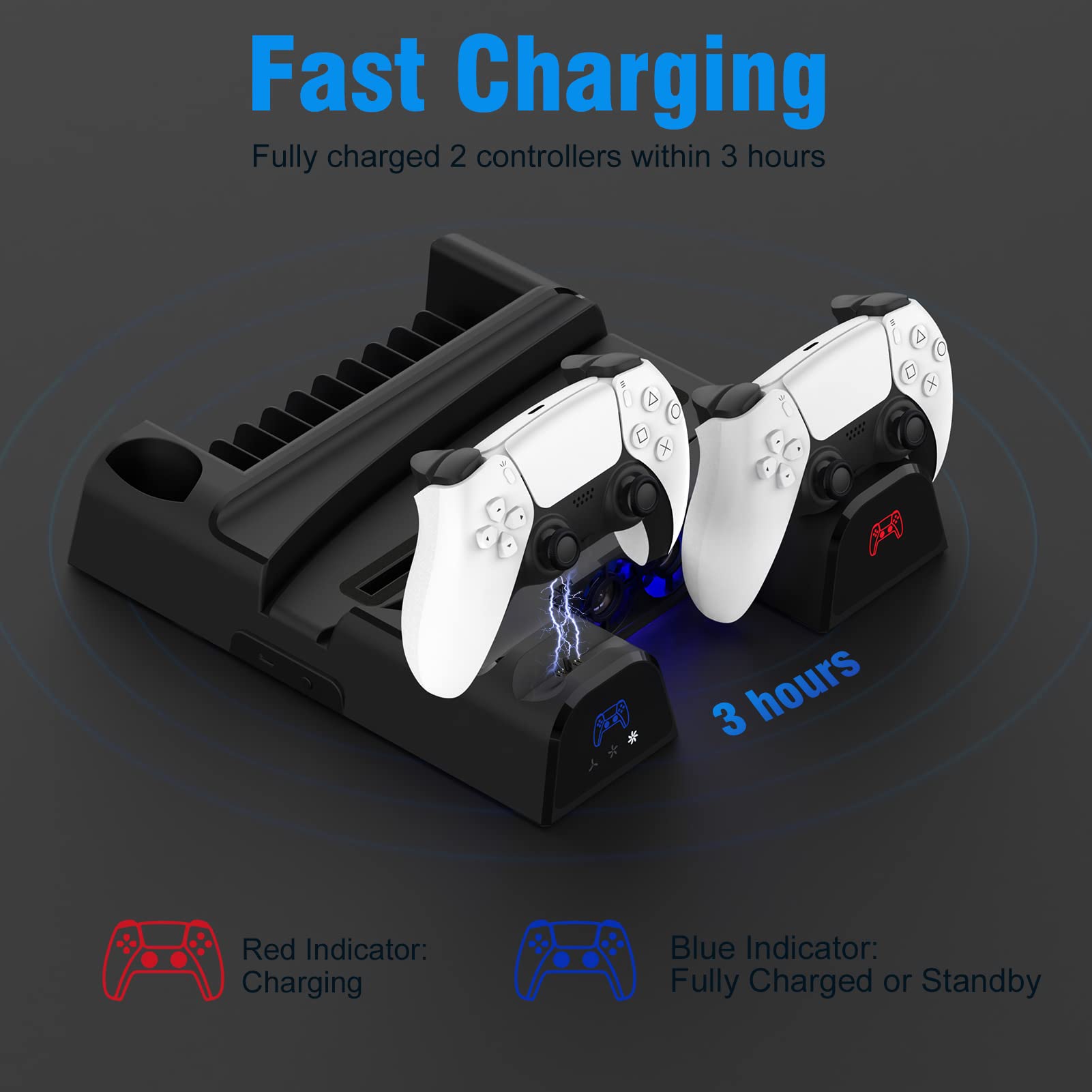 PS5 Cooling Stand with 2 Controller Charger Station and Extra Headset Holder for PS5 Disc & Digital Editions, Dual Controllers Charger, 3-Speed Adjustable Silent Fans, 11 Games Rack Organizer, Black
