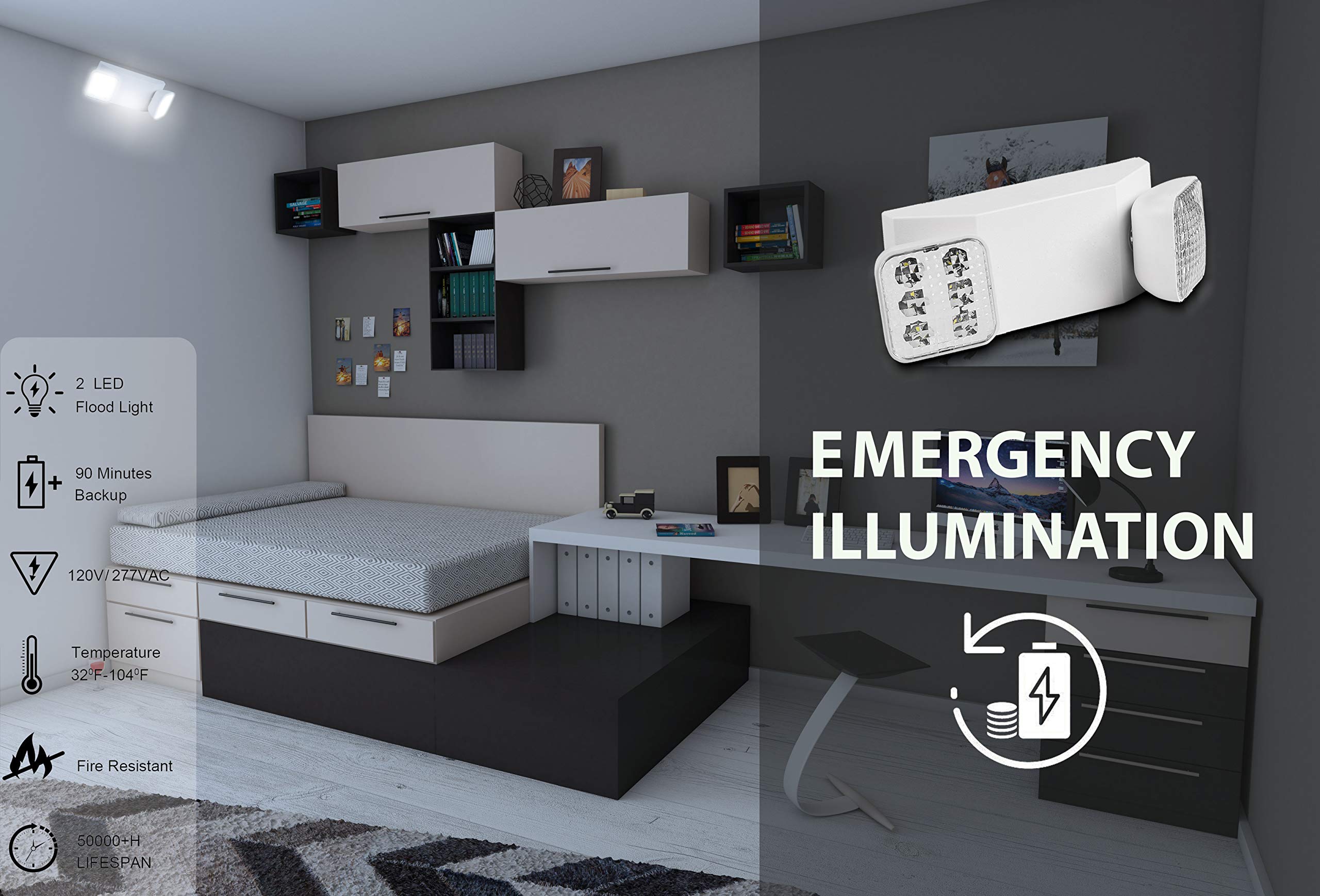 LABORATE LIGHTING Emergency Lights LED with Backup Battery, with Adjustable Heads, Commercial or Industrial Use, Pack of 2, Rechargeable Light Bulb, Indoor Hallway or Room Safety for Residential,