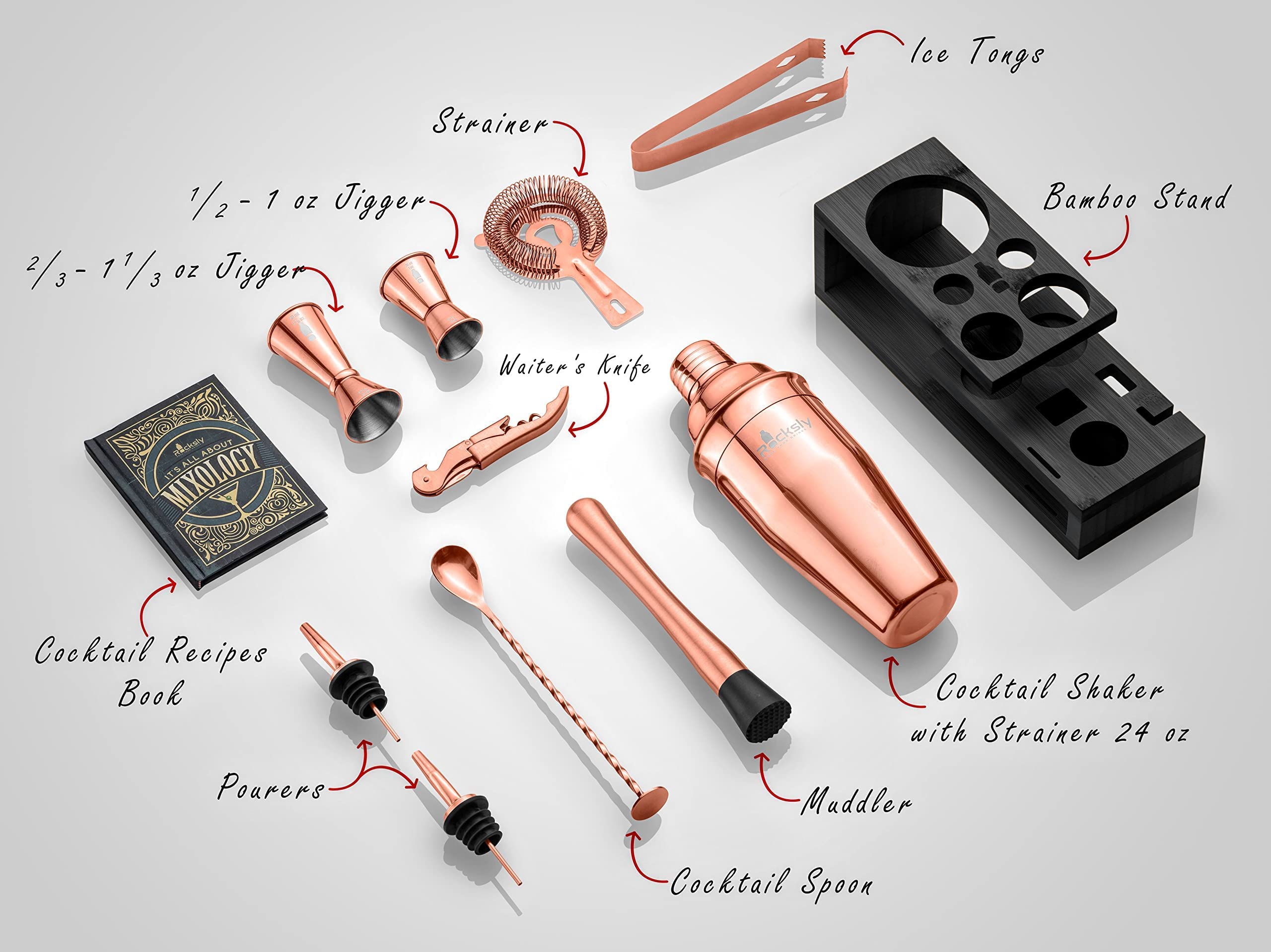 ROCKSLY MIXOLOGY BAR Set Premium Bartender Kit, Rectangular Tool Stand, Cocktail Shaker Strainer, Jiggers, Spoon, Tongs, Muddler, Pourers, Opener 10 Pc
