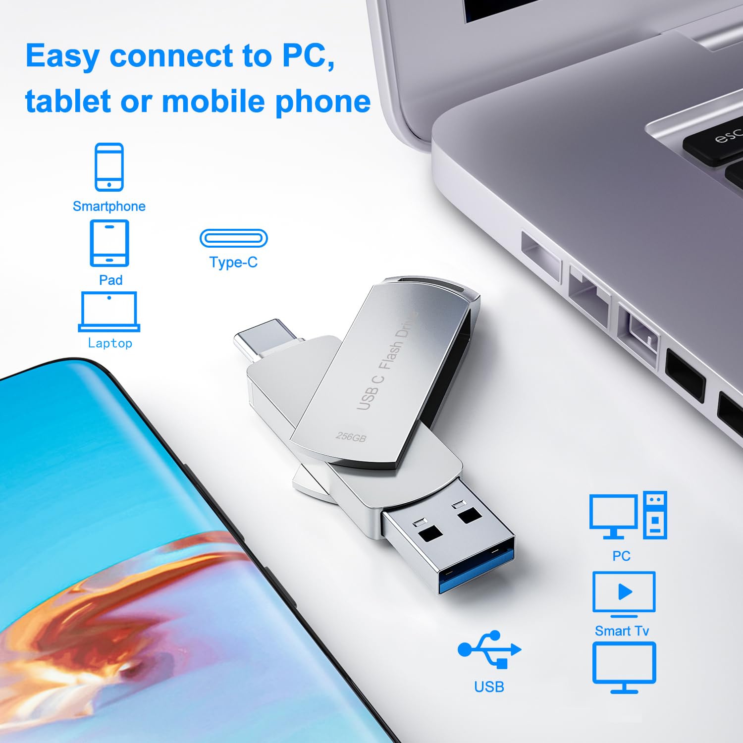 USB Flash Drive 256GB USB C Thumb Drive Android Phone Photo Stick External Data Storage Memory Stick DEZOBYTE Compatible Android Phone USB C and Computer Silver 256G