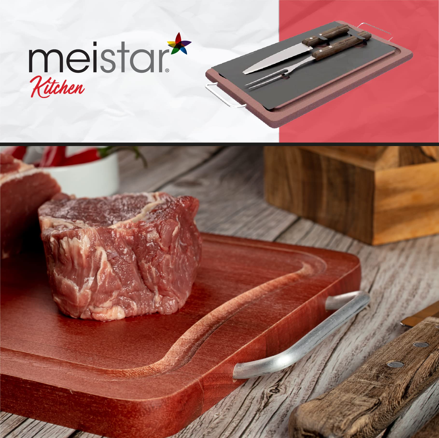 Meistar Premium Wooden Cutting Board with Stylish Metallic Handles - Includes BBQ Stainless Steel Knife and Fork Set (Medium)