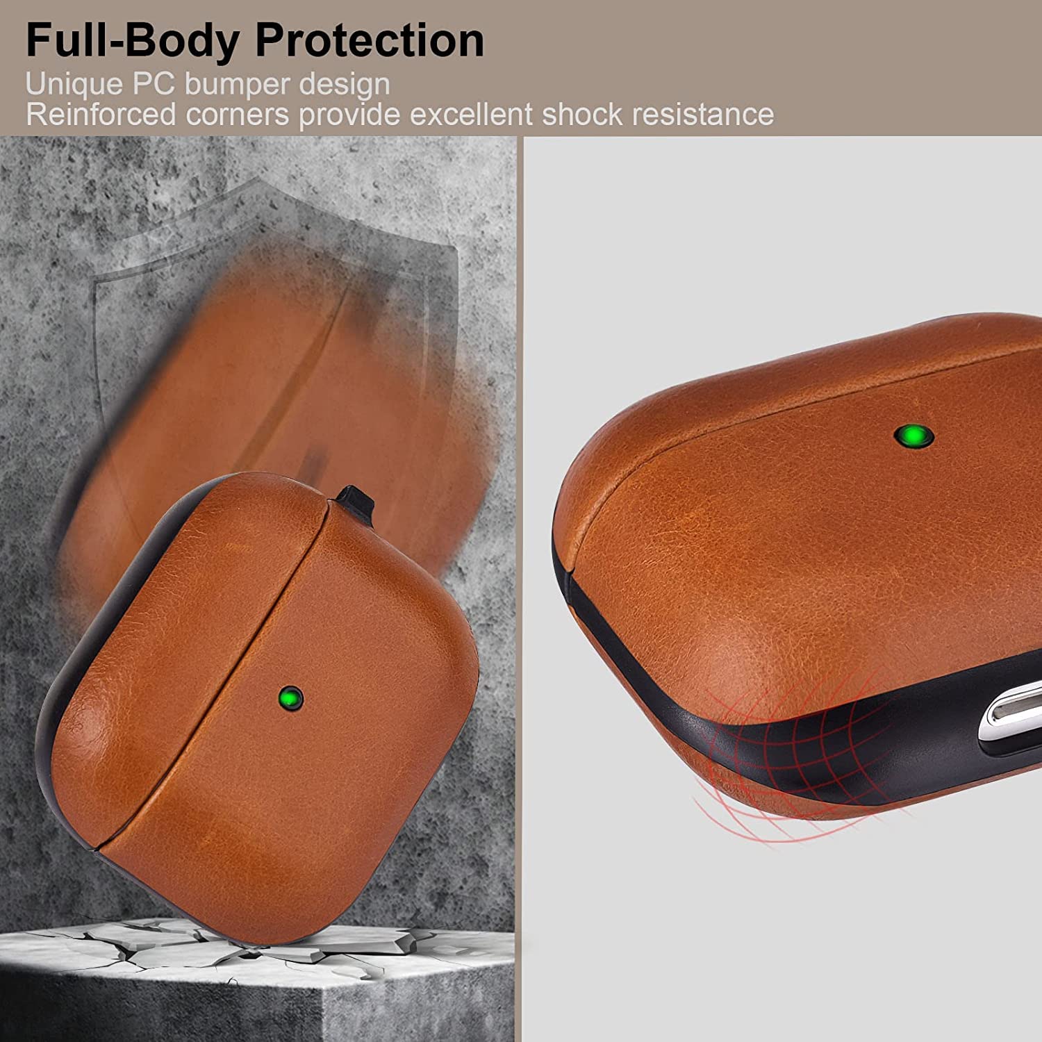 V-MORO Leather Case Compatible with Airpods 3rd Generation [Front LED Visible] Case for Airpods 3 Leather Protective Cover Skin with Keychain for Men and Women - Light Brown