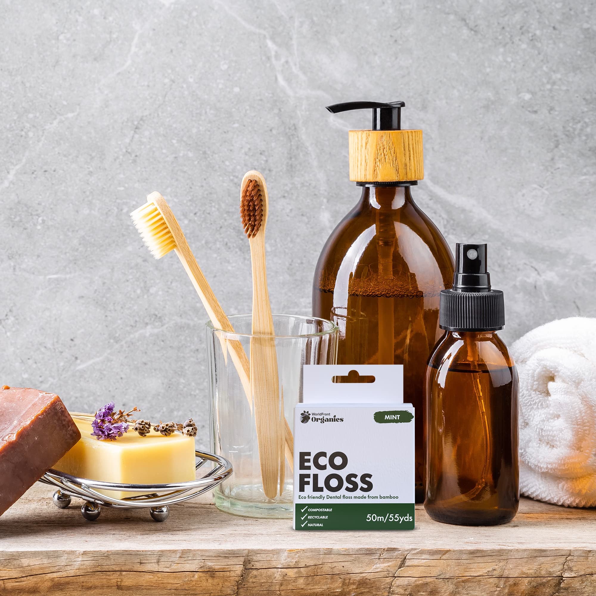 WorldFront Naturals Eco Dental Floss Ideal for Teeth Clean, Removing Plaque & Food Debris- Biodegradable Mint Tooth Flosses Made of Organic Bamboo- Compostable Plastic Free Packaging- 50m/55 yds