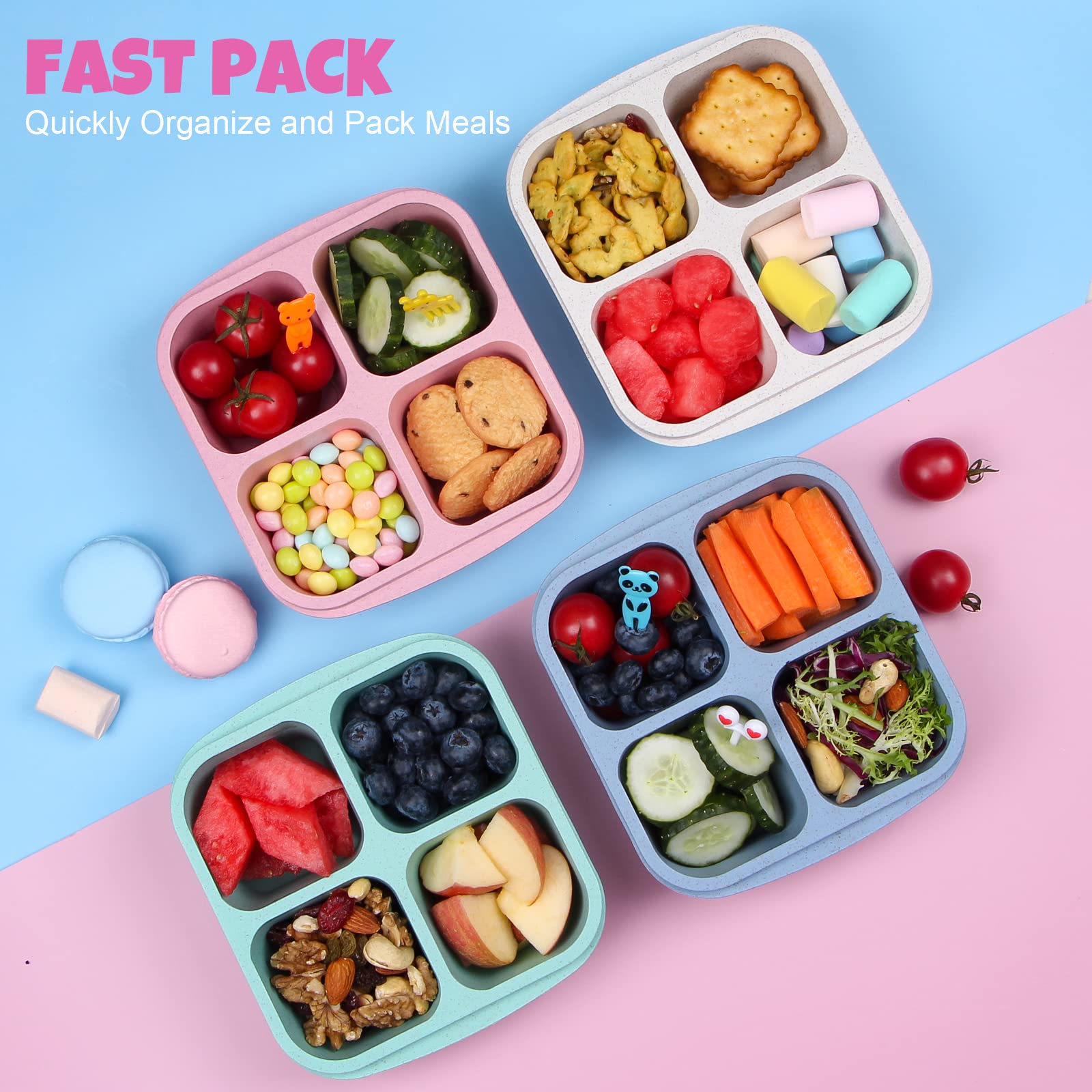 MaMix 4 Pack Snack Containers for Kids,4 Compartment Bento Snack Box,Snack Containers for Adults/Toddlers/, Reusable Lunch Containers Meal Prep Container for School Travel (wheat)