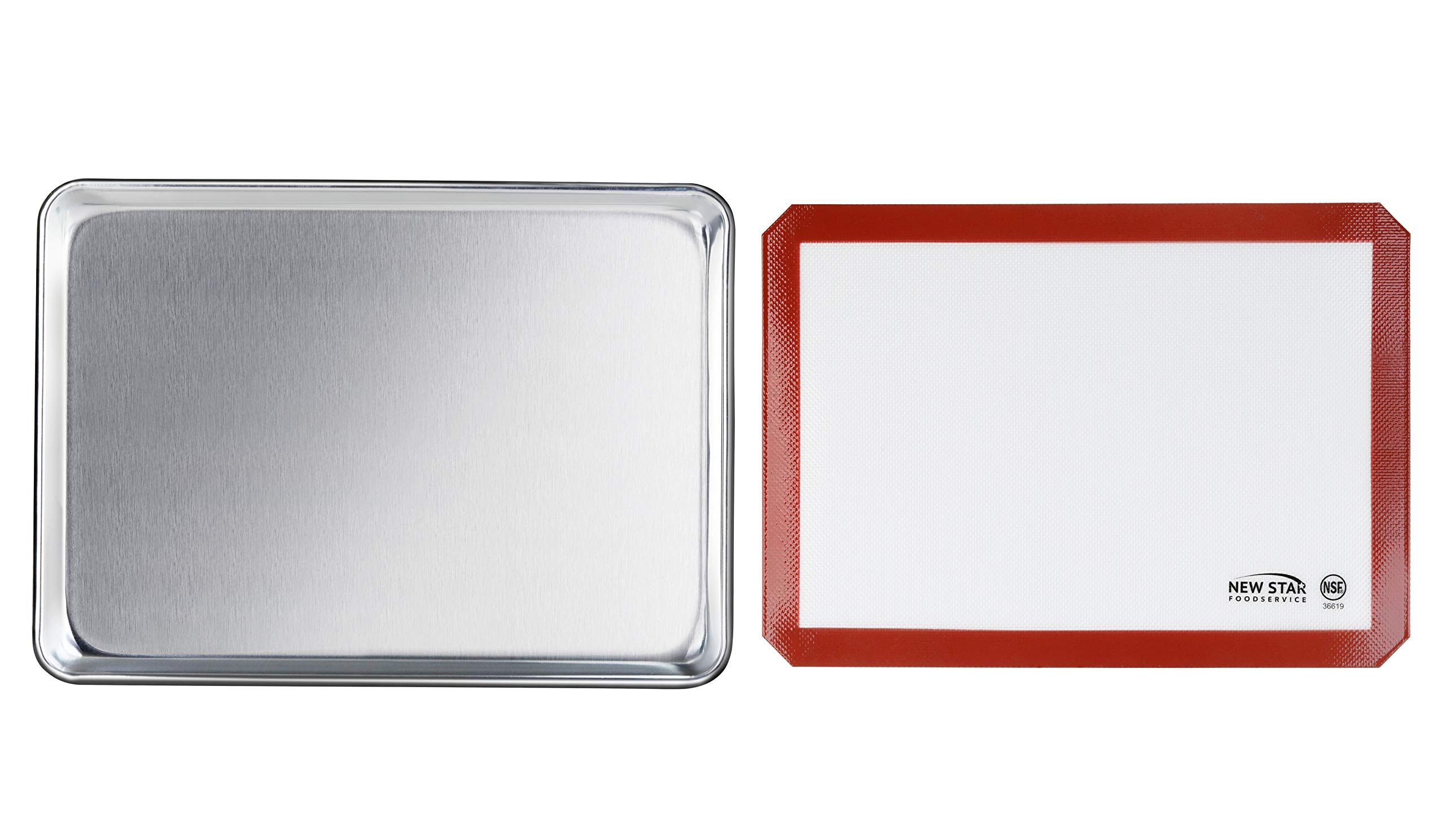 New Star Foodservice 38439 Commercial-Grade 18-Gauge Aluminum Sheet Pan/Bun Pan & Silicone Baking Mat Set, 13" L x 18" W x 1" H (Half Size)