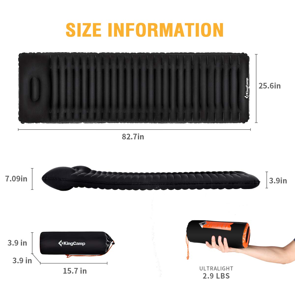KingCamp Sleeping Pad Camping Air Mattress 3.9 Inches Thick Lightweight Comfortable Backpacking Pad with Build-in Pillow