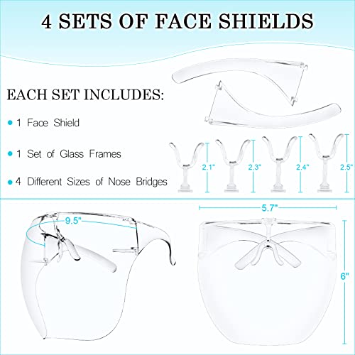 Pupmoms Face Shield, Anti-Fog 4 Pack Face Shields with Glasses Frame, Clear Reusable Plastic Full Cover Face Visor Shield, Transparent Protective Safety Goggle Shield for Adults Women Men