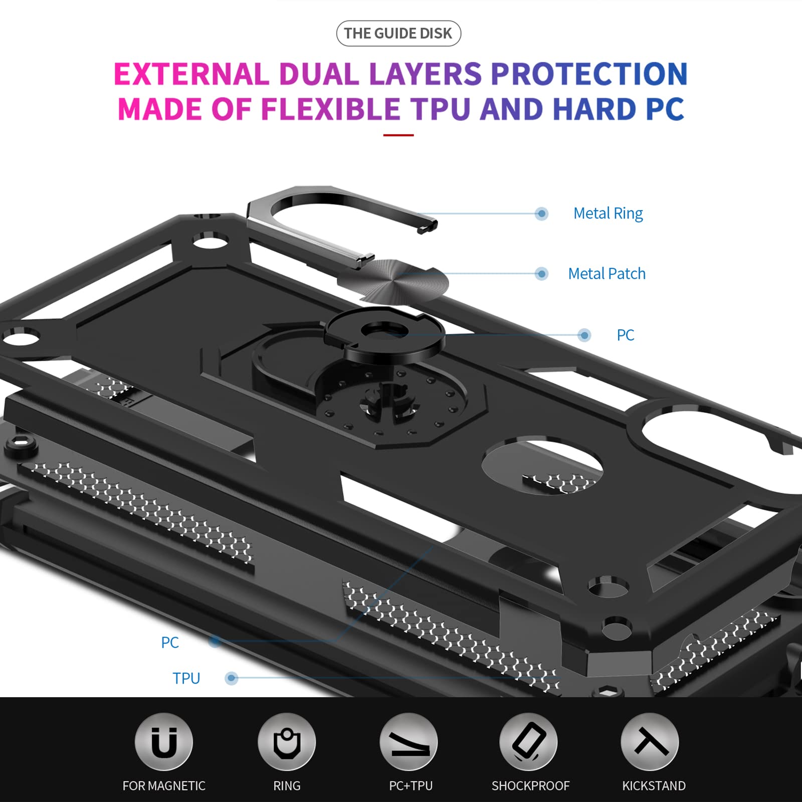LeYi for Moto E Phone Case (2020) with [2 Pack] Tempered Glass Screen Protector, Military-Grade Protective Phone Case with Magnetic Ring Kickstand for Motorola Moto E 2020 Case, Black