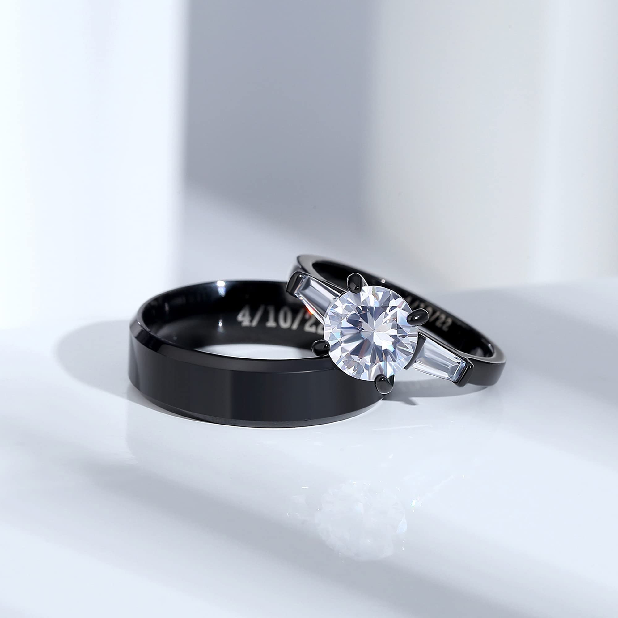 Personalized Matching Rings for Couples Set with 2 Rings Couple Rings Custom Promise Rings for Him and Her His and Hers White Stone