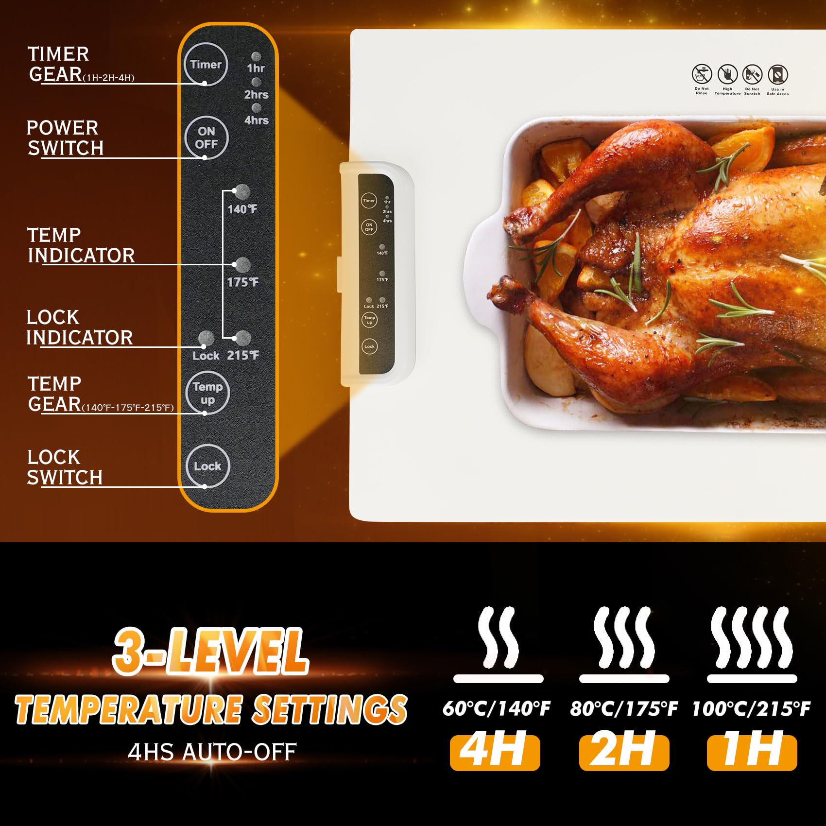 Warming Mat for Food - Full Surface Heating Food Warmer Mat with 3 Temperature Settings, Rollable & Portable, Auto Shut-Off - Electric Warming Tray for Gatherings,Parties,Everyday Use