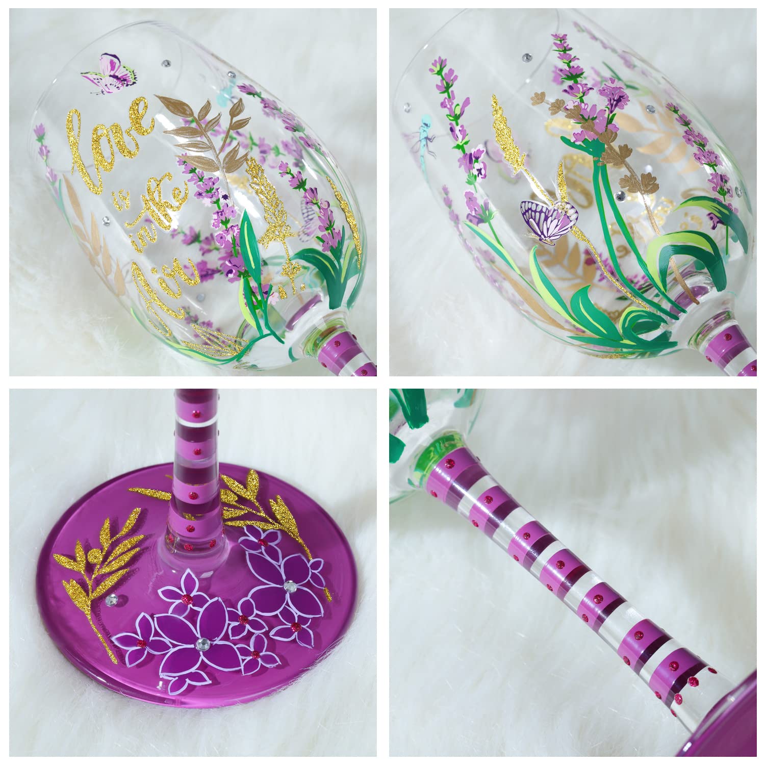 NymphFable Hand Painted Wine Glass Purple Lavendar & Dragonfly Birthday Gift for Women with Personalised Gift Box, 15oz