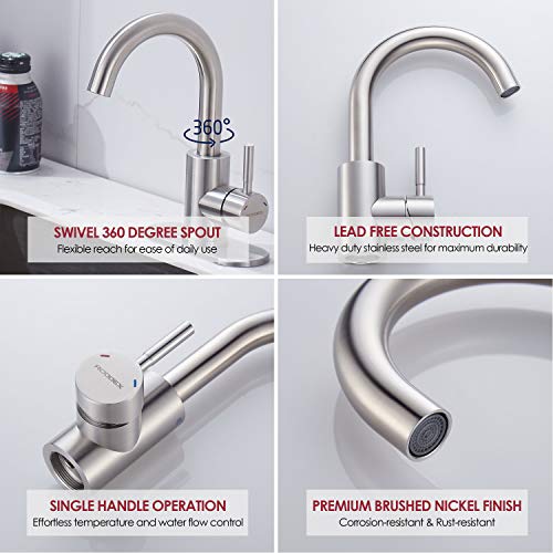 RODDEX Wet Bar Sink Faucet, Stainless Steel 360 Swivel Bar Mixer with 3 Hole Cover Deck Plate, Small Modern Single Handle Tap for Kitchen Bath Bathroom Sink, Brushed Nickel …