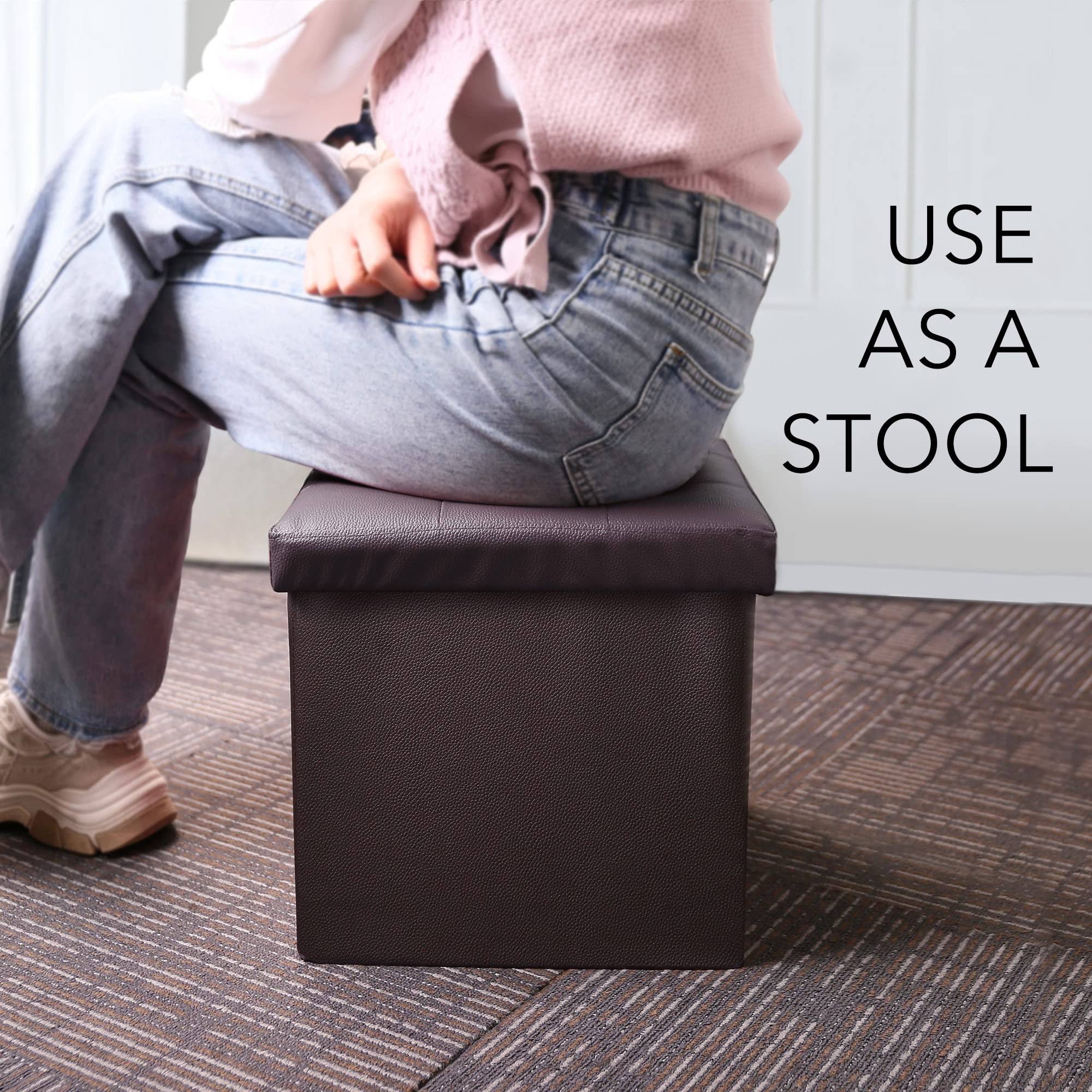 LotFancy Storage Ottoman Cube, Brown Foot Stool Ottoman,13x12x12 inch Square Ottoman with Lid, Faux Leather Seat for Dorm