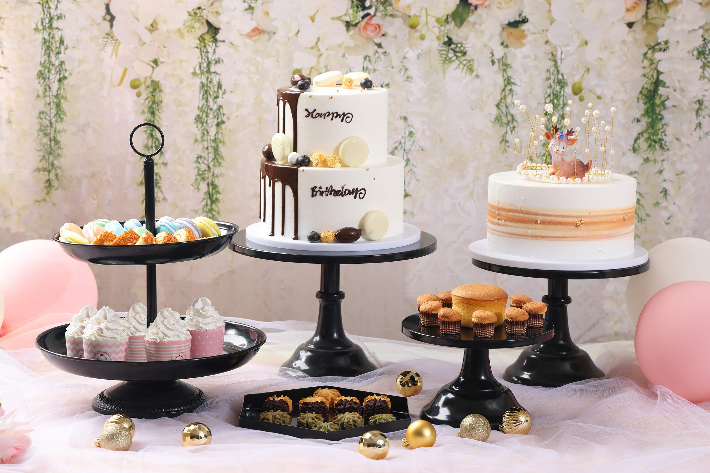 LIFESTIVAL 5 Pcs Black Cake Stands Set Metal Cupcake Holder Round Dessert Display Plate Serving Platter for Party Wedding Brithday Baby Shower Celebration Home Decoration