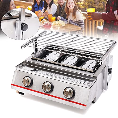 Tabletop Grill, 3-Burner Side Gas Grill, Portable Barbecue Grill, Stainless Steel BBQ Grill Cooker with Grill Net for Camping Parties Barbeque Picnics Outdoor Use