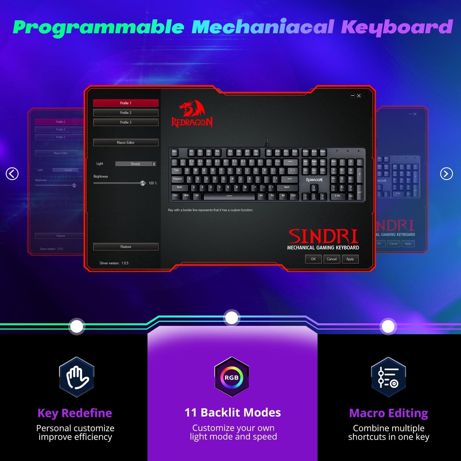 Redragon Gaming Keyboard, Mechanical Gaming Keyboard with Red Switches, Fully Programmable Mechanical Keyboard, Hot Swappable, RGB Backlit, Anti-Ghosting for Windows Mac, 12 Mutiplemedia Keys, K565