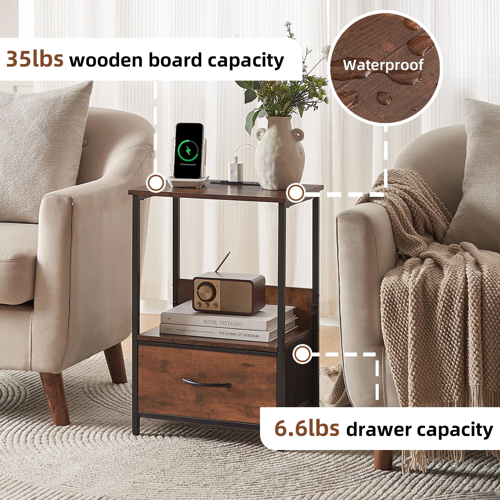 Somdot Night Stand with Charging Station and LED Light for Bedroom, Bedside Table End Table for Dorm Bedside Laundry Closet Entryway Hallway, Wood Grain Print
