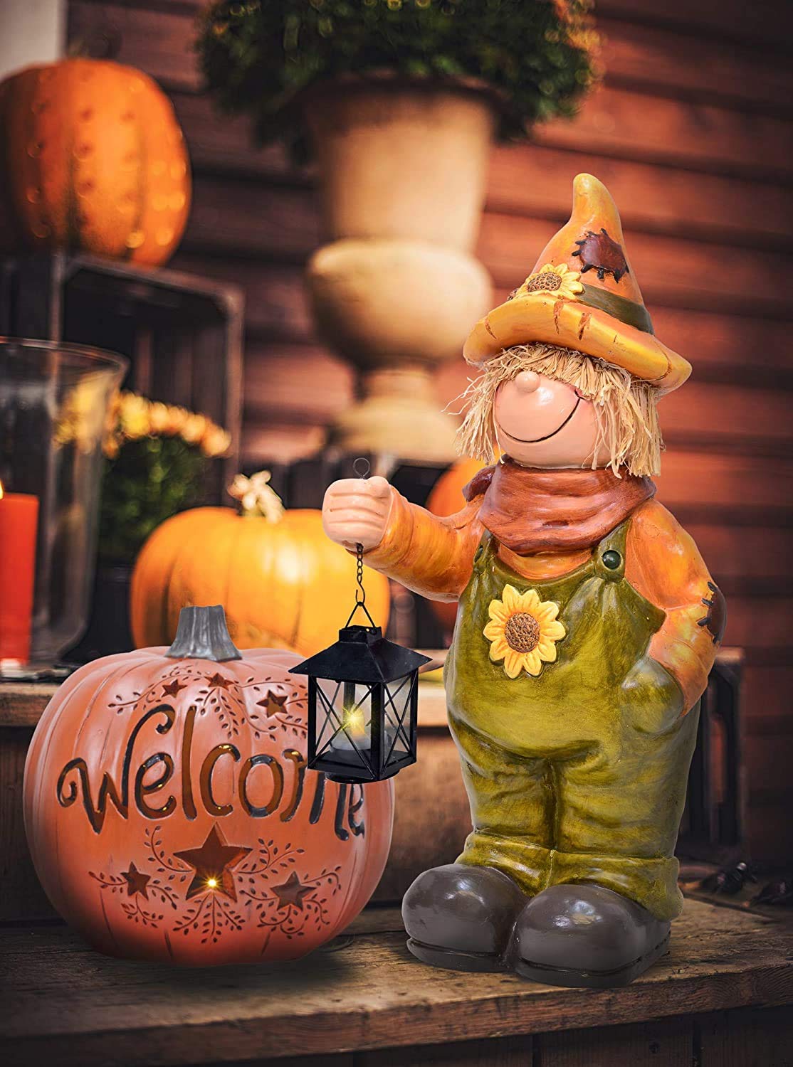 Mark Feldstein & Associates Scarecrow Holding Lantern Natural Brown 17 inch Resin Stone Harvest Door Greeter Figurine