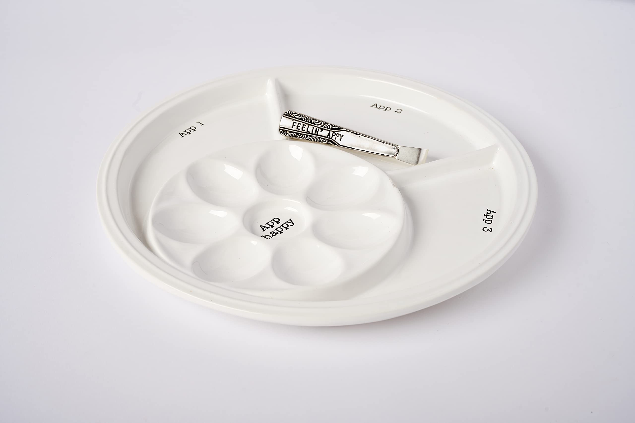 Mud Pie Circa Appetizer and Deviled Egg Platter Set, White, Dish 12" Dia | Tongs 4.5"