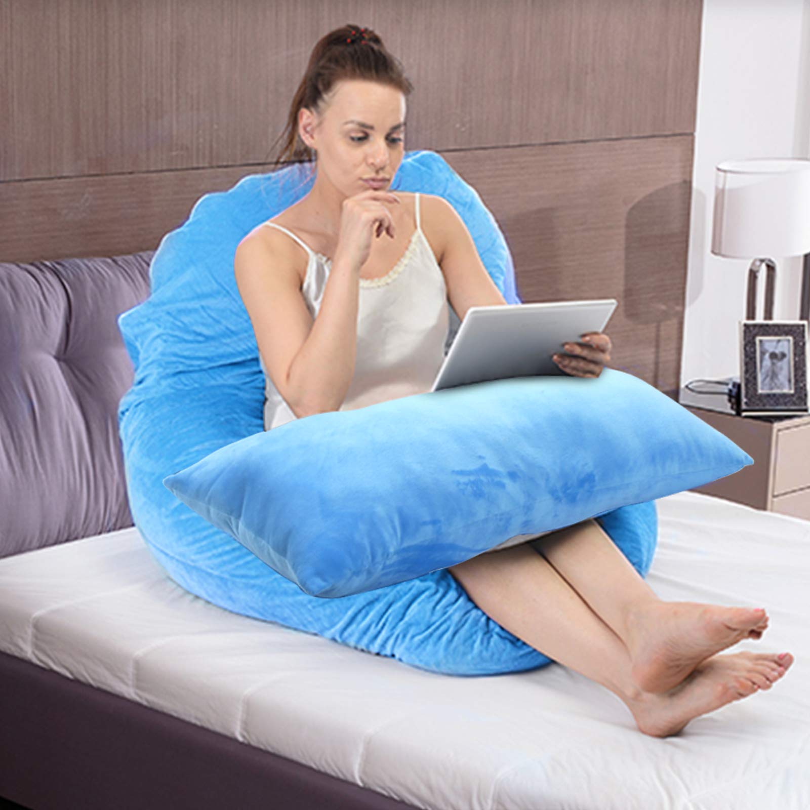 Mandzixin Pregnancy Pillow, Maternity Body Pillow with Velvet Separate Support Pillow Removable Cover,Side Sleeping and Back Hips, Legs Support for Pregnant Women (Light Blue, U Shaped+Body Pillow)