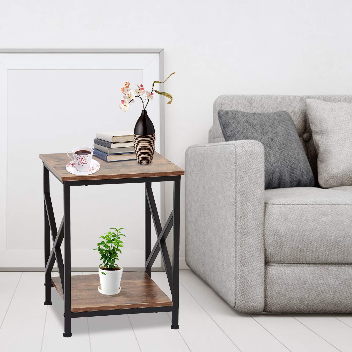 Kinsuite End Tables Nightstand Industrial Sofa Side Tables with Storage Shelf Metal Frame Accent Furniture for Living Room Bedroom, Rustic Brown