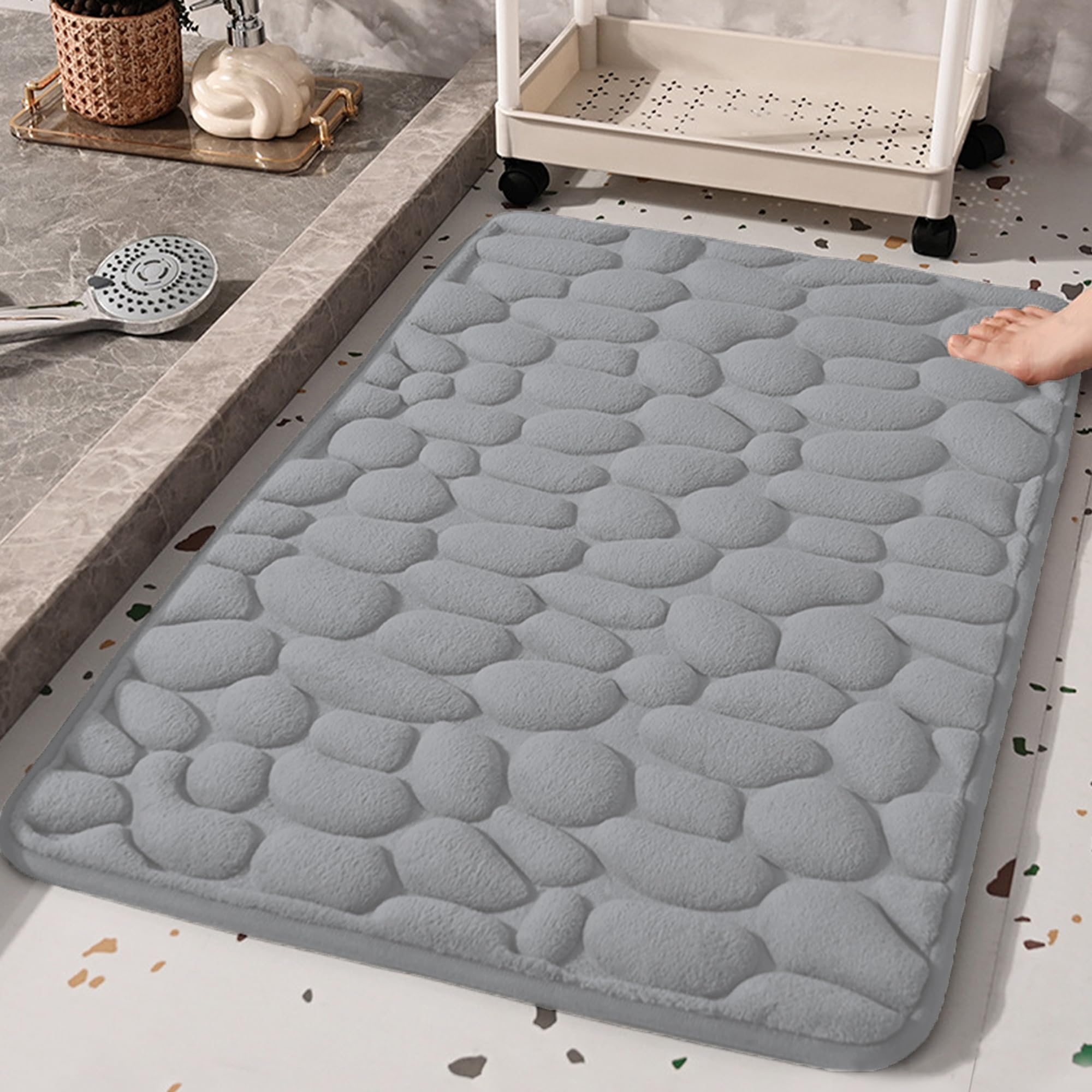 Memory Foam Bath mat Soft and Comfortable Non-Slip Toilet Bathroom Carpet Pebbles Machine Washable Suction Bath mat（15.7x23.6in, Light Grey）