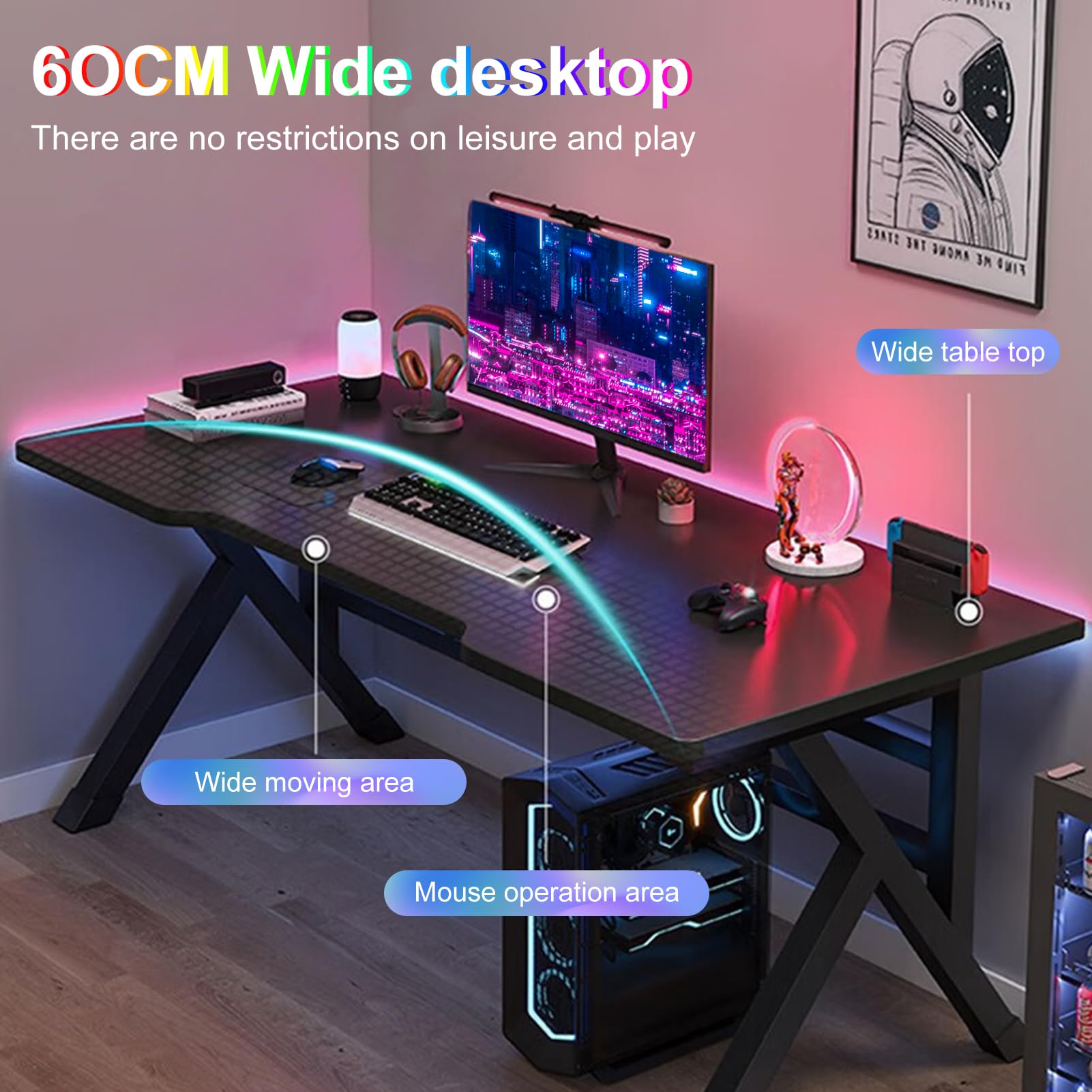 Washranp Computer Desk Gaming Desk,X-Shaped Gaming Table Sturdy PC Workstation Desk for Home Office with Cable Holes,Large PC Gamer Desk Gaming Table for Bedroom Living Room Black