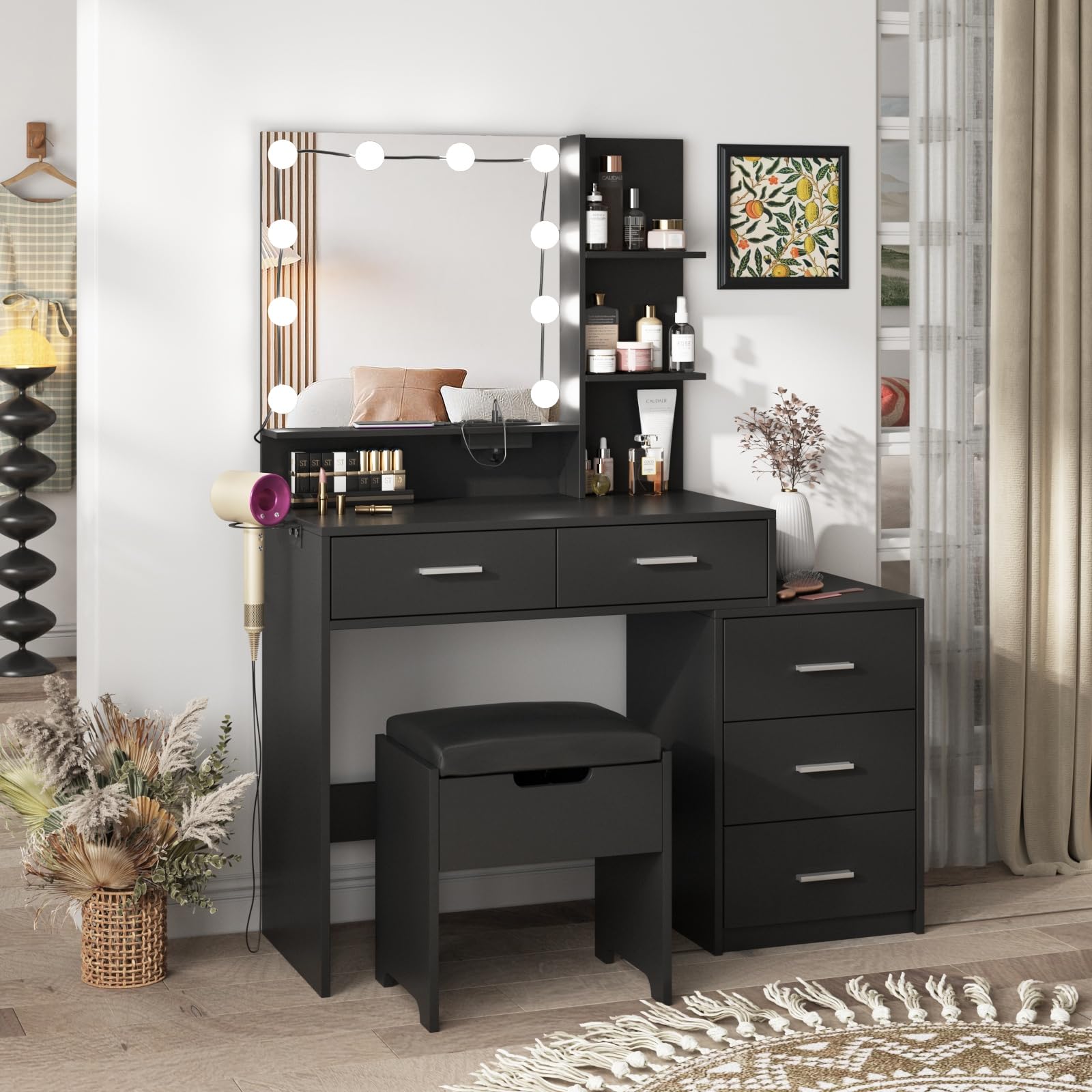 Vabches Vanity Desk with Mirror and Lights, Makeup Vanity with 5 Drawers and Shelves, Vanity Table with Power Outlet, Makeup Desk with LED Lighted Mirror in 3 Colors & Chair, for Bedroom,Rustic Brown