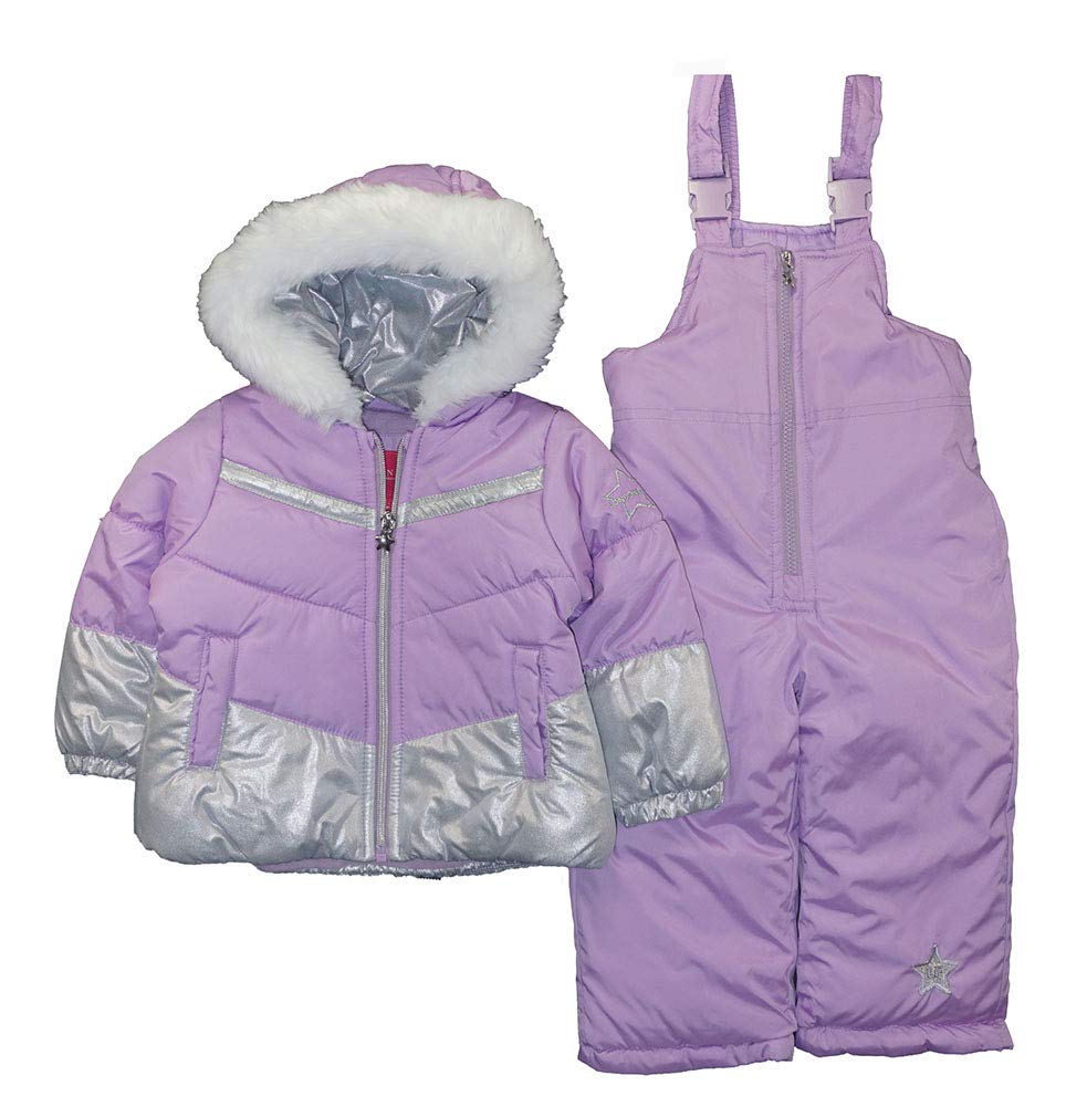 London Fog Girls' Little Snowsuit with Snowbib and Puffer Jacket, Violet Silver Foil, 5/6