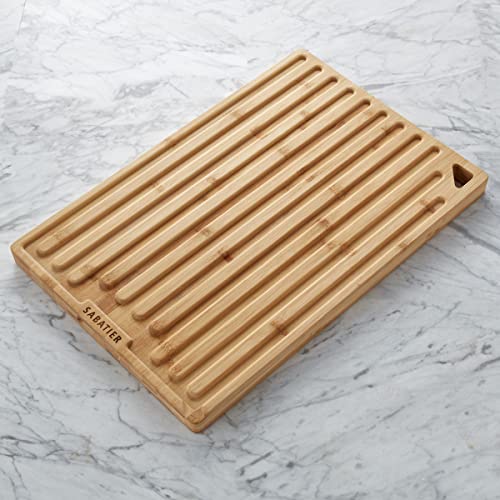 Sabatier Extra-Large Cutting Board with Juice Trench and Recessed Handles for Entertaining and Meal Prep, Reversible Kitchen Chopping Board, Bread Board with Built-In Grooves, 12x18 Inch, Bamboo