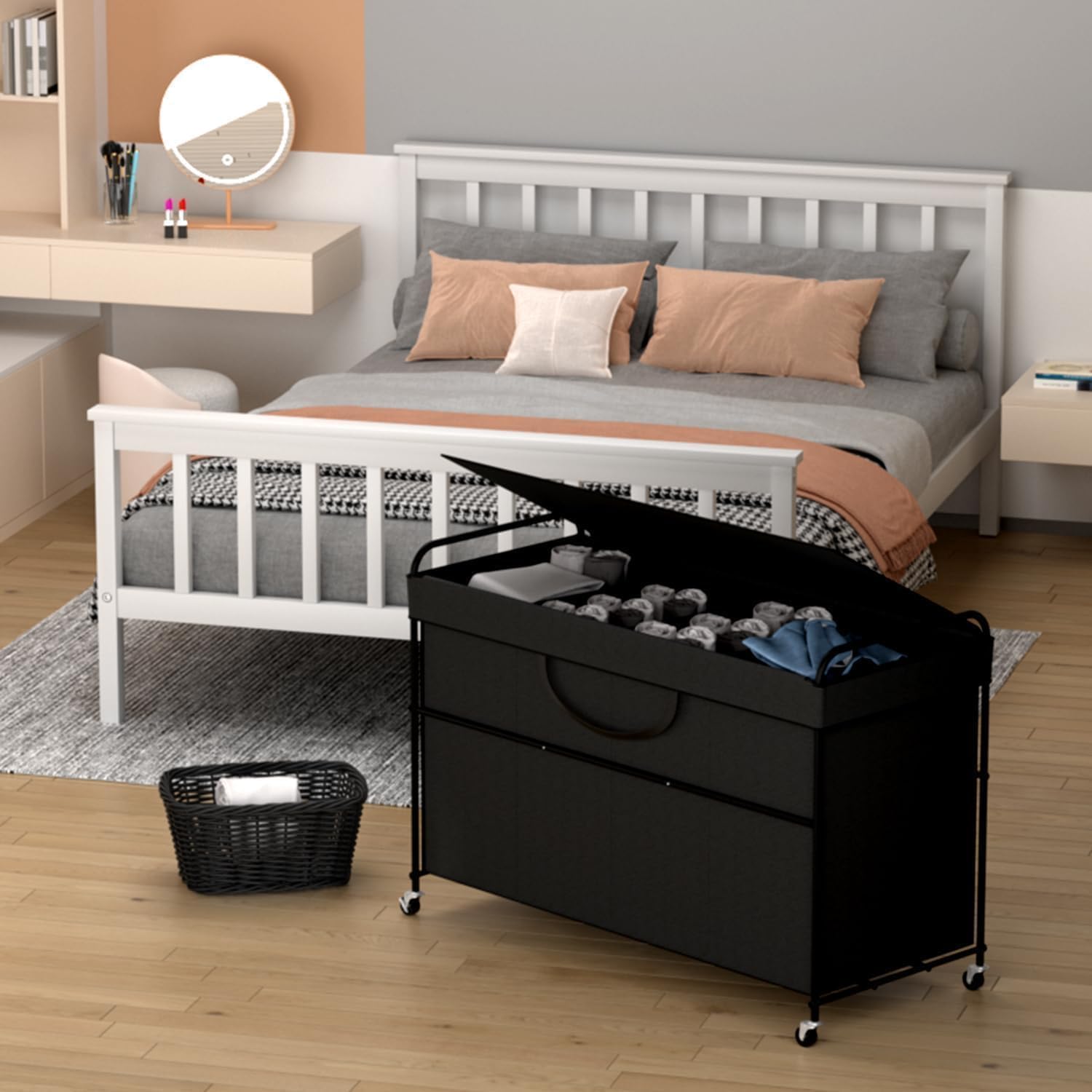 YKDIRECT 240L Large Laundry Hamper, 4 Compartment Laundry Basket with Lid, Removable Bag & Metal Structure with Industrial Wheels, Suitable for Bathroom, Dorm Room, Laundry Room (Black, 240L)