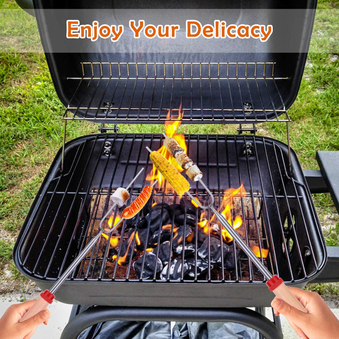 Marshmallow Roasting Sticks, Smores Skewers for Fire Pit, with Wooden Handle, Stainless Steel Telescoping Roasting Sticks, 32β Extendable Smores Sticks for Fire Pit, Campfire and Sausage BBQ Set of 6