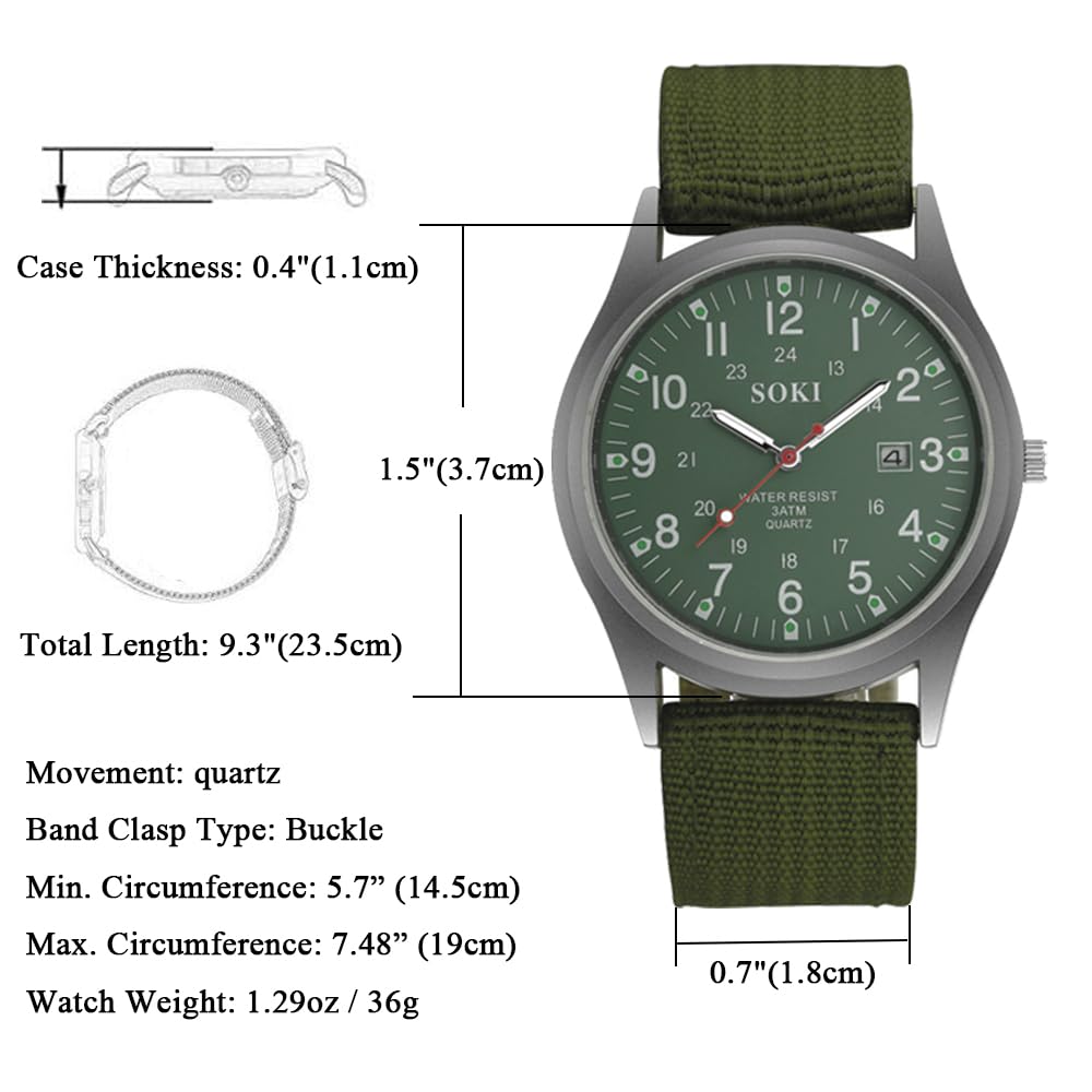 JewelryWe Men's Military Green Dial Nylon Strap Quartz Calendar Wrist Watch Night Vision Luminous Wristwatch for Father's Day