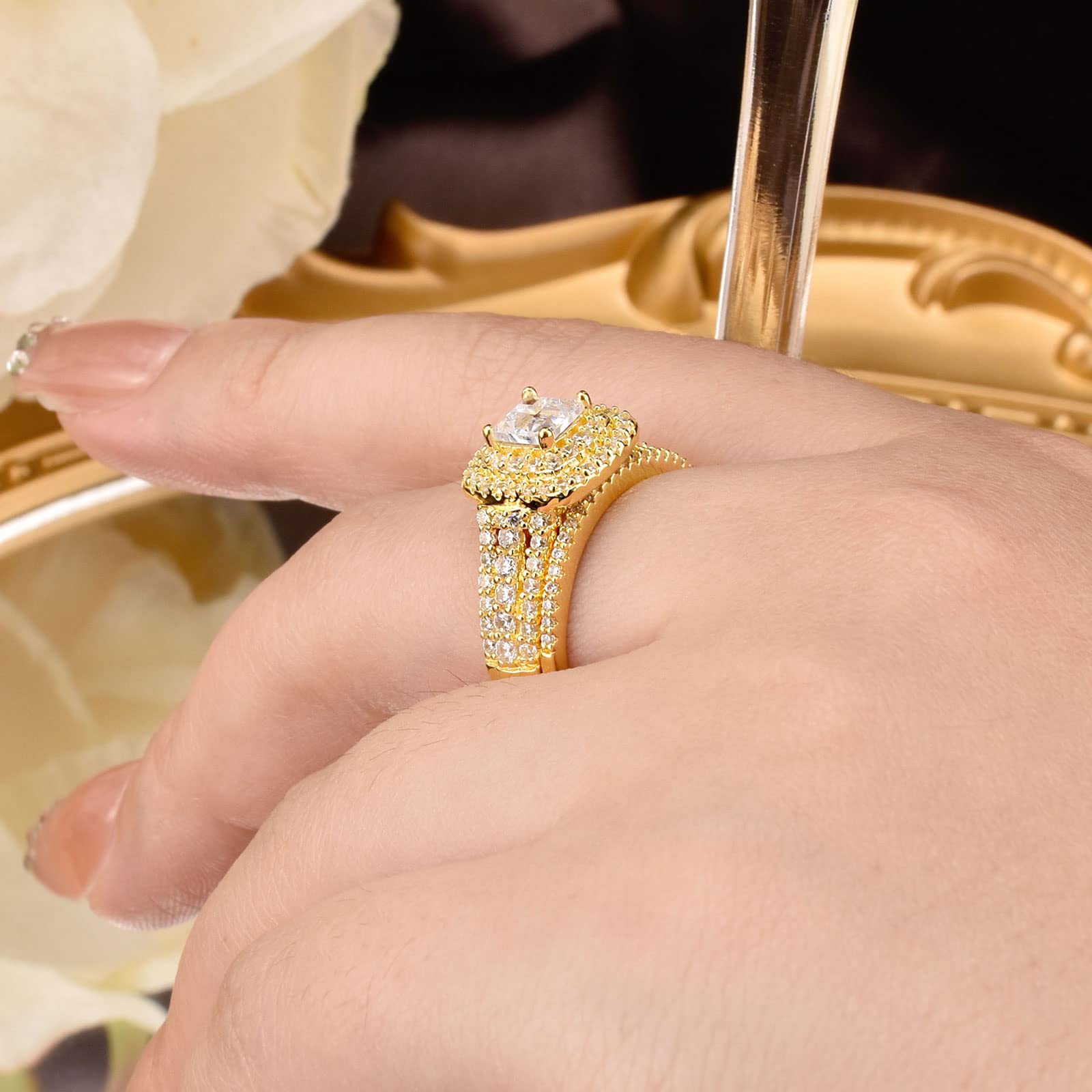 Newshe Wedding Rings for Women Engagement Ring Sets Sterling Silver Cz 1.7Ct Princess Cross Yellow Gold Size 6