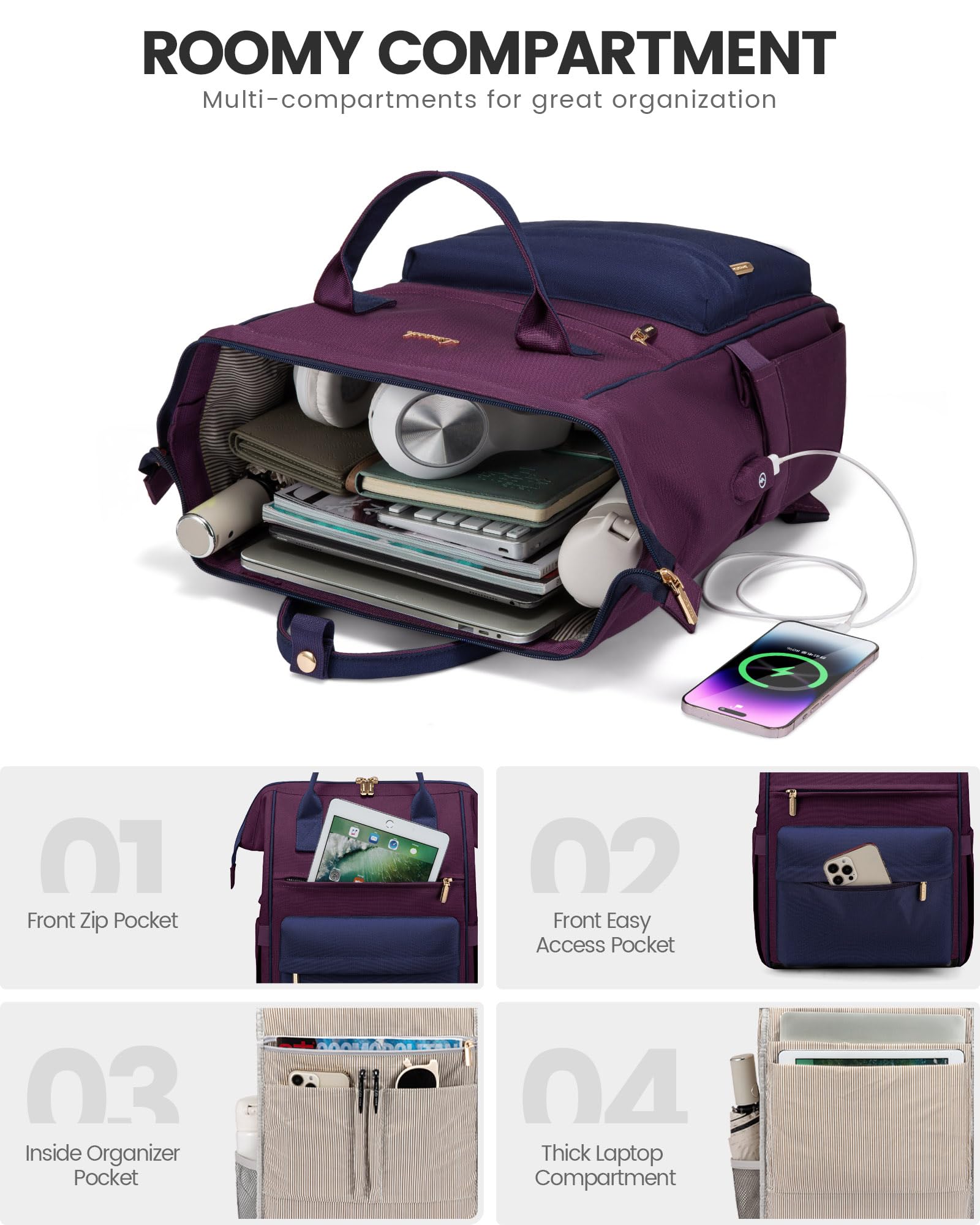 LOVEVOOK Laptop Backpack for Women, Teacher Nurse Work Bag Waterproof Fashion Travel Backpack Purse, 15.6 Inch Computer Backpack with USB Port