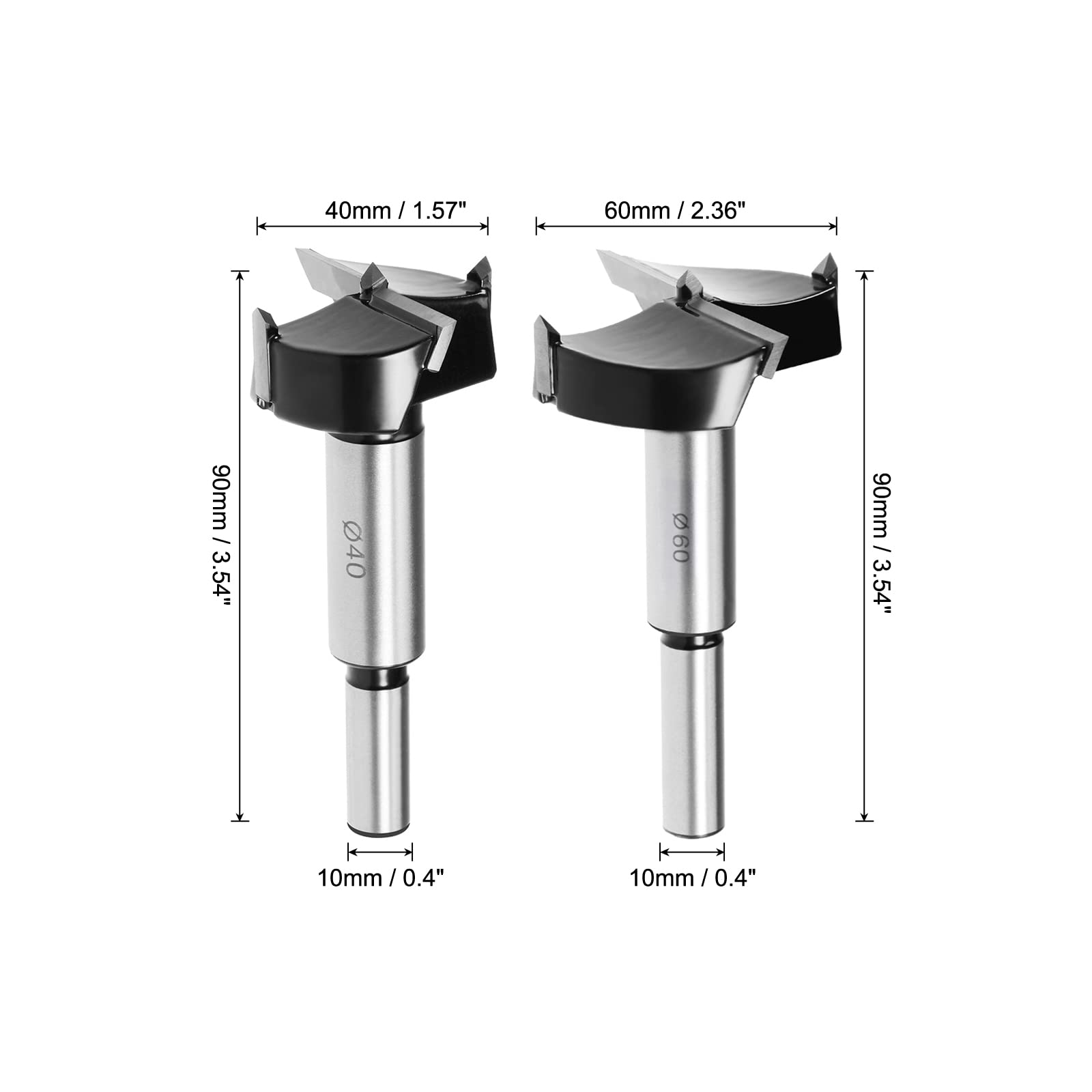 uxcell Forstner Drill Bits Set 40mm Dia. & 60mm Dia. Tungsten Carbide Wood Hole Saw Auger Opener, Woodworking Hinge Hole Drilling Boring Bit Cutter Black