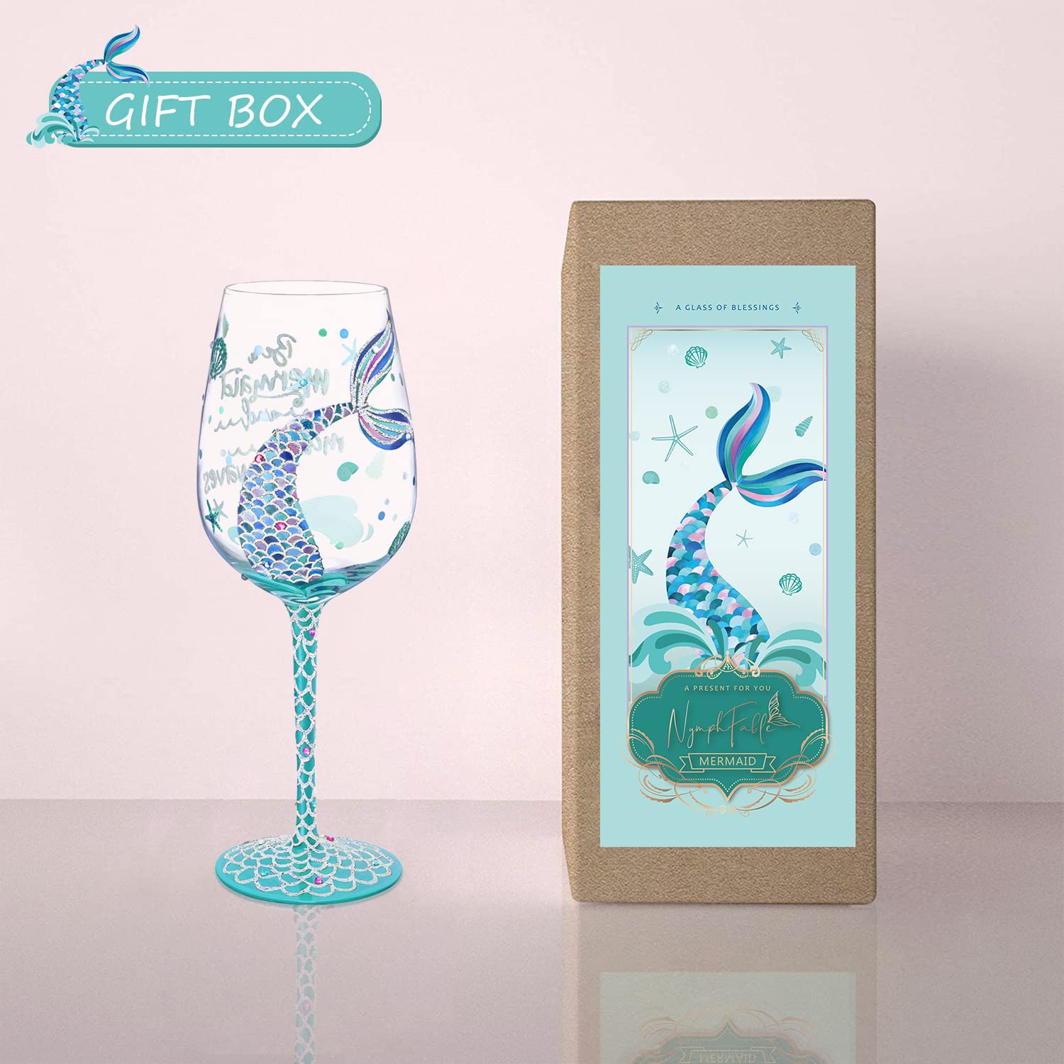 NymphFable Hand-painted Wine Glass Mermaid Sayings Artisan Painted 15oz Personalised Gift for Girls Women