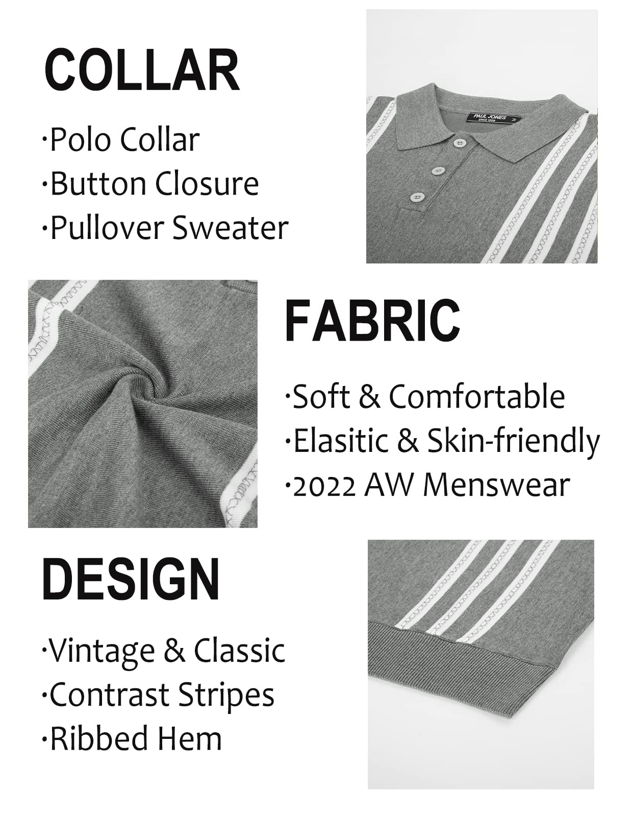 PJ PAUL JONES Men's Vintage Stripe Knitted Polo Shirts Breathable Button Casual Pullover Sweater Dark Grey XX-Large