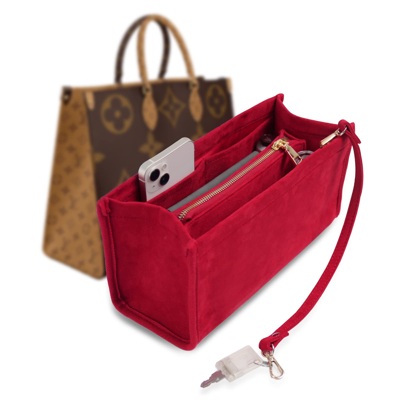 OPPOSHE Suede Velvet Purse Organizer Insert, Bag Organizer for Tote with Key Chain, Purse Insert for Handbags, Compatible with ONTHEGO MM & Birkin 30